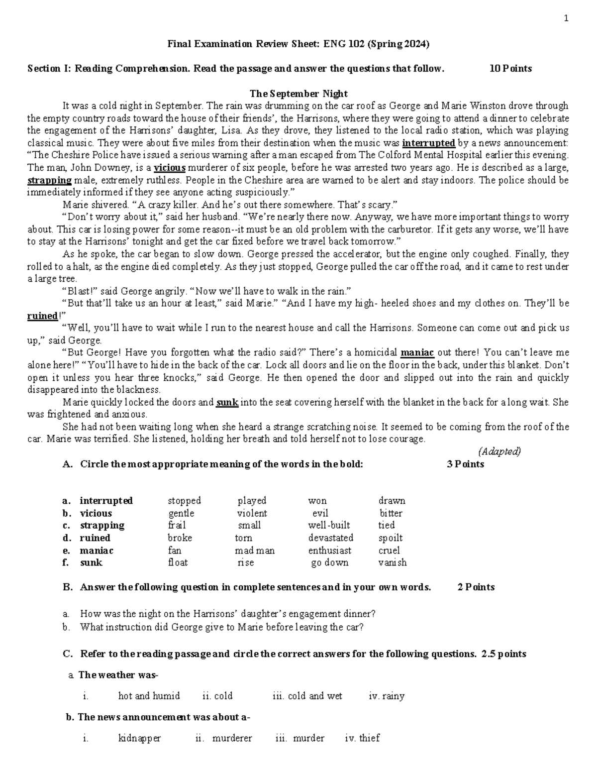 Final Exam Review Sheet Spring 24 ENG 102 - 1 Final Examination Review ...