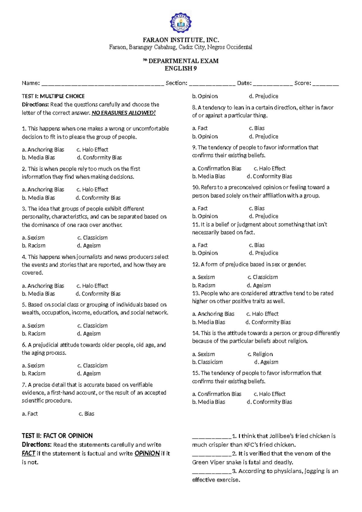 5th DP 9 - ATG - FARAON INSTITUTE, INC. Faraon, Barangay Cabahug, Cadiz ...
