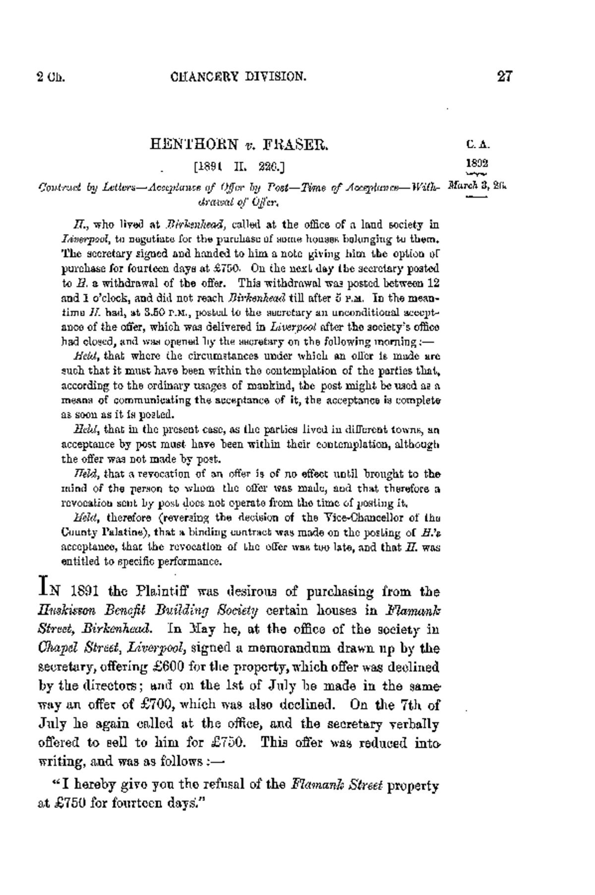 Henthorn v. Fraser. - 2 Ch. CHANCERY DIVISION. 27 HENTHORN V. FRASER. C ...