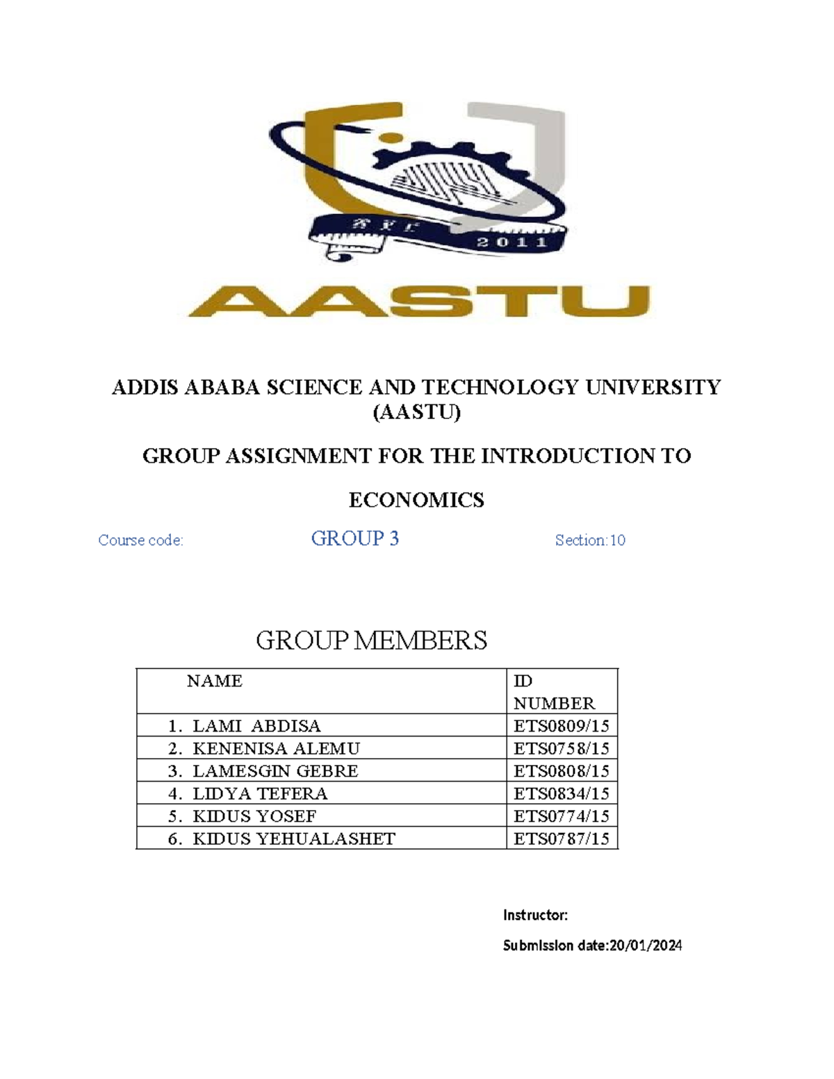 Economics group assignment - ADDIS ABABA SCIENCE AND TECHNOLOGY UNIVERSITY (AASTU) GROUP ...