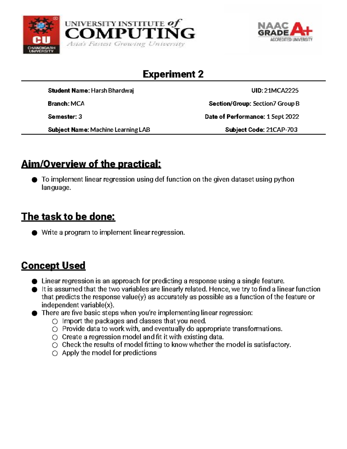 21MCA2225 MLAsg 2 - machine learning semester 3 assignment 2 ...