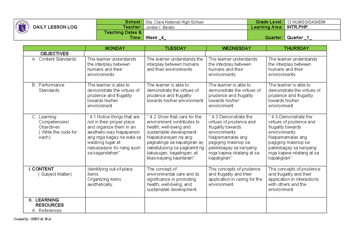INTRO TO PHILO DLL WEEK 4 - DAILY LESSON LOG School: Sta. Clara ...