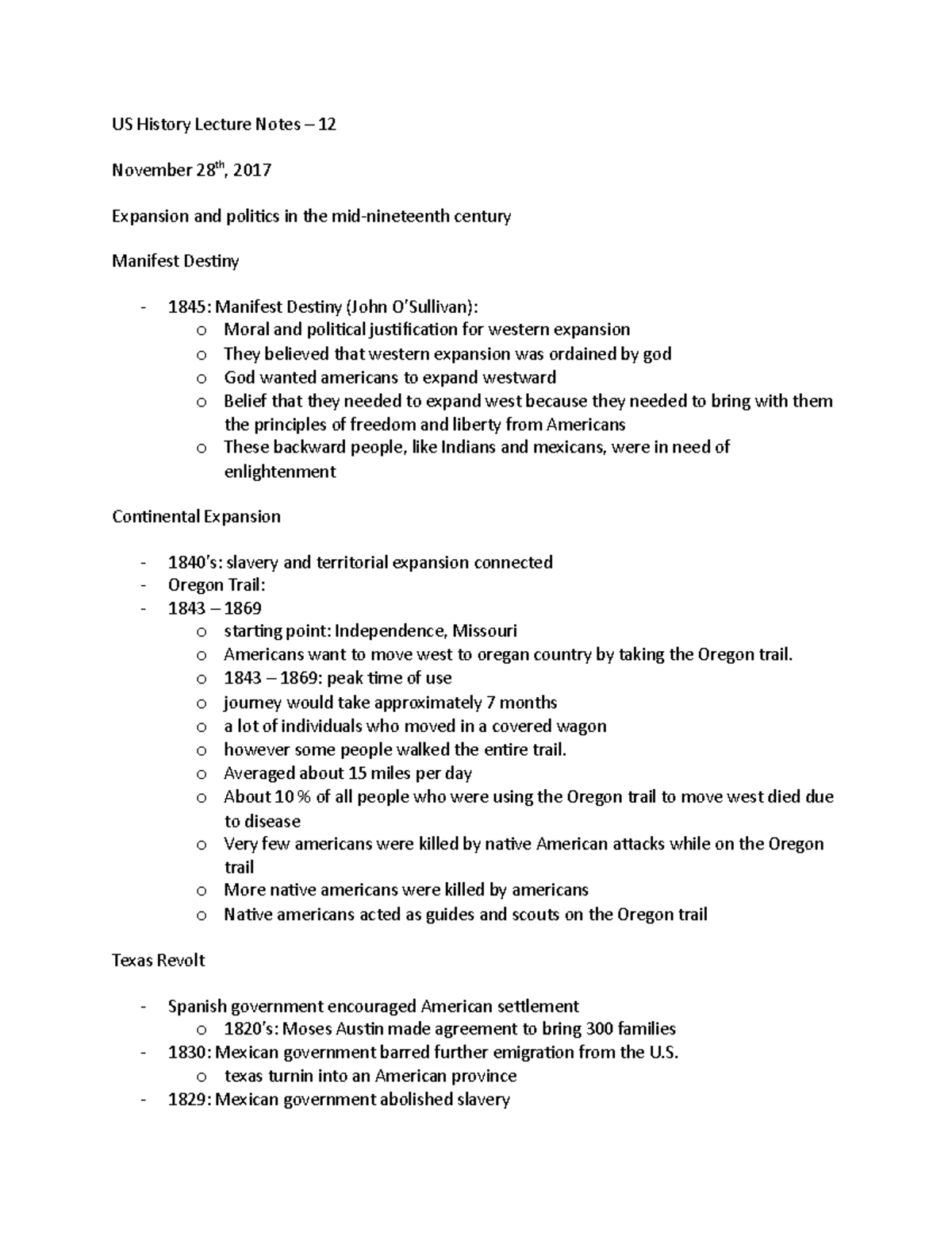 US History Lecture Notes – 12 - US History Lecture Notes – 12 November ...