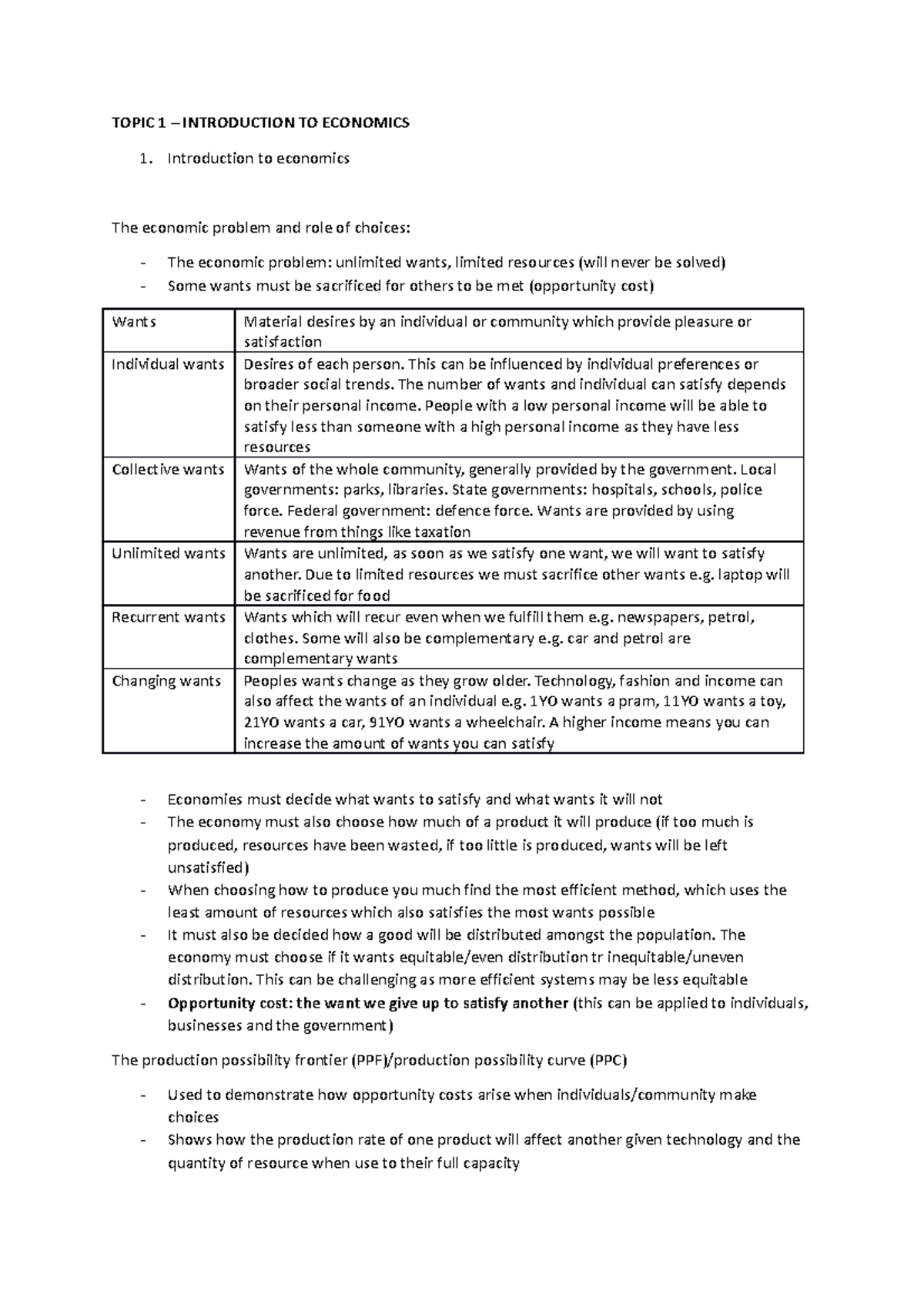 Economics - year 11 revision notes - TOPIC 1 – INTRODUCTION TO ...