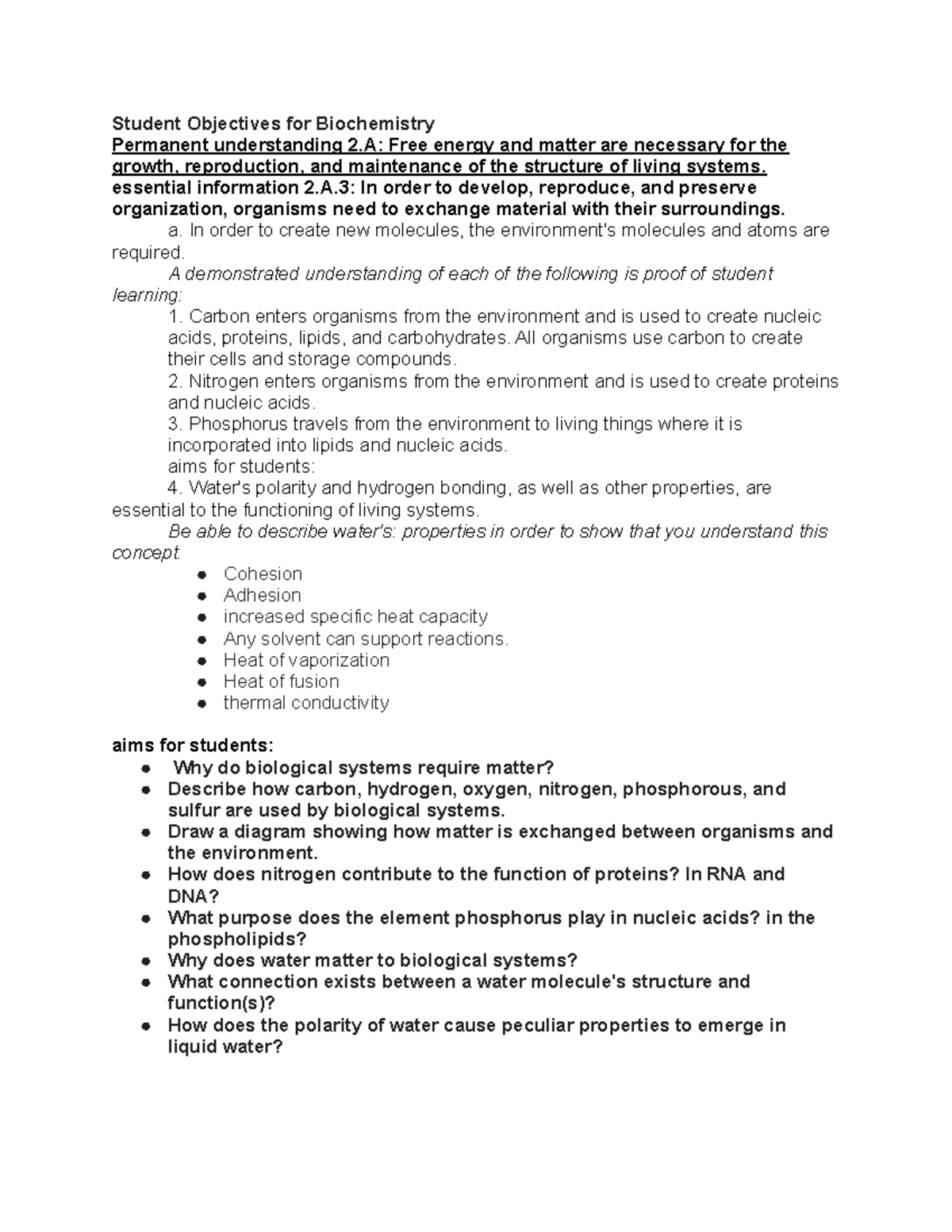 Student Objectives for Biochemistry - Student Objectives for ...