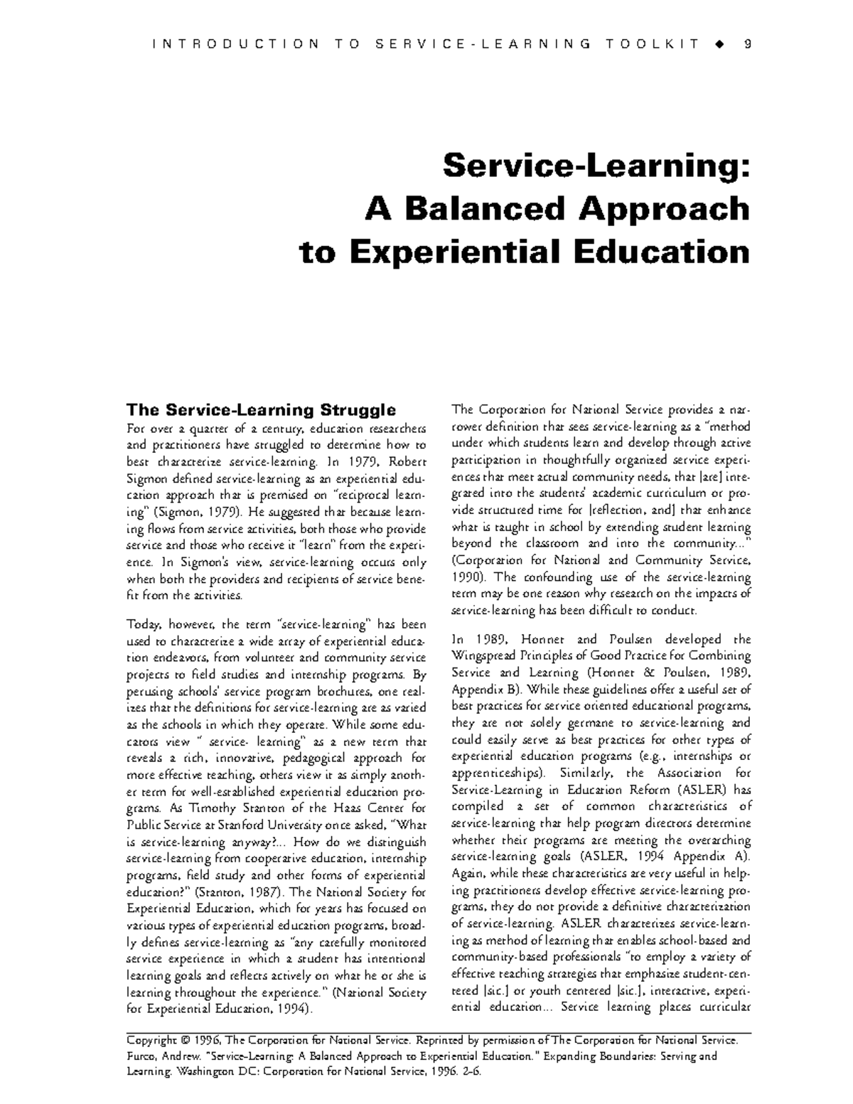 Service Learning Balanced Approach To Experimental Education - - Studocu