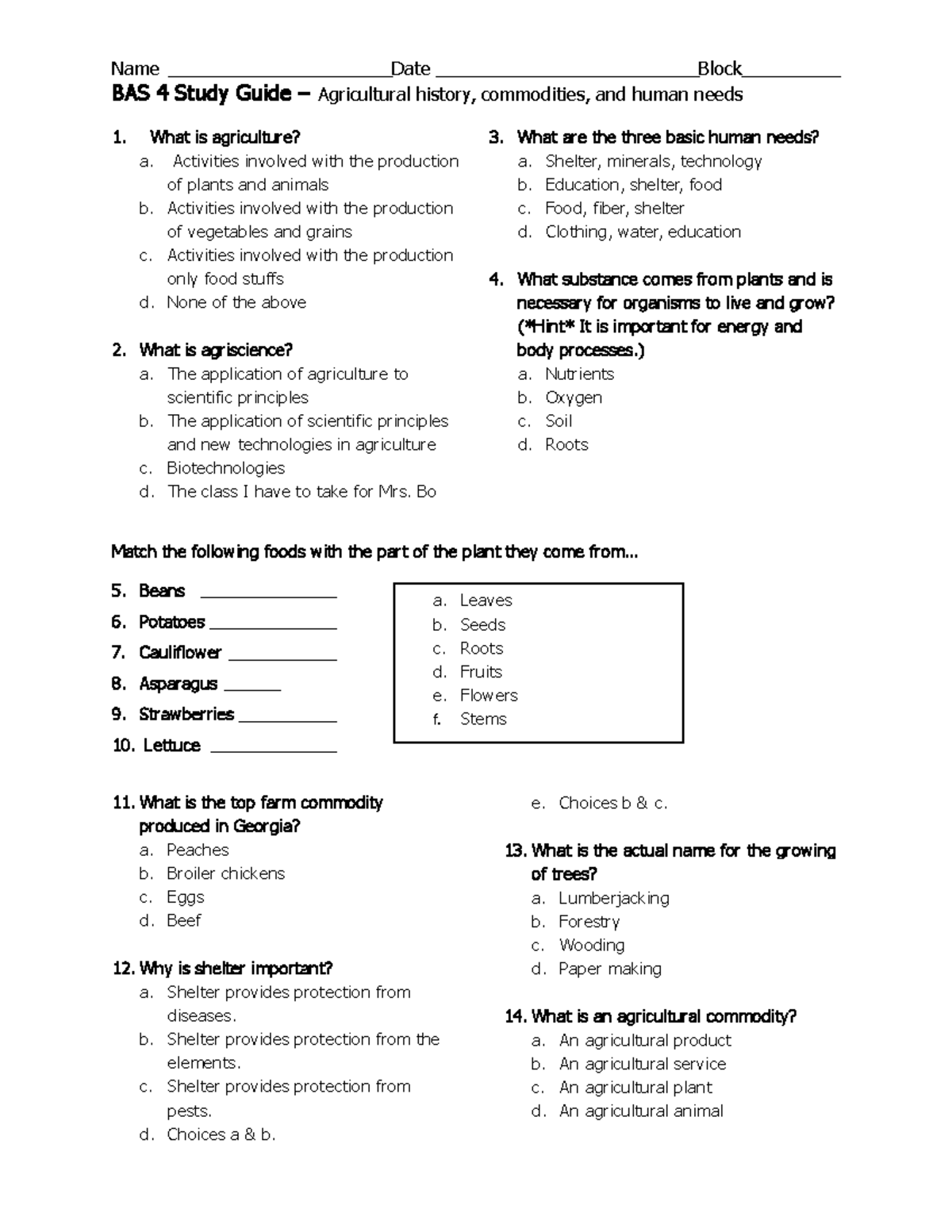 BAS+4+Study+Guide-1 - This is about Agriculture - Name Date Block BAS 4 ...