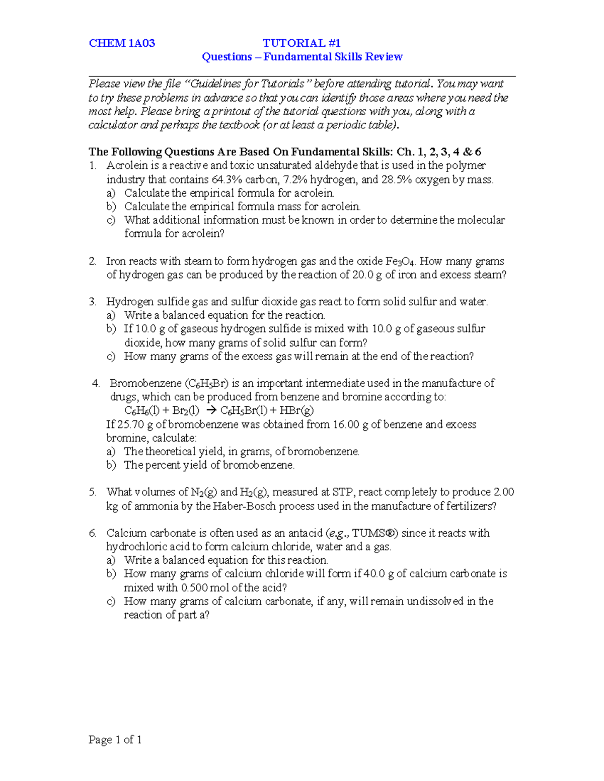1a03-Tut1 Q - tutorial - CHEM 1A03 TUTORIAL Questions – Fundamental ...