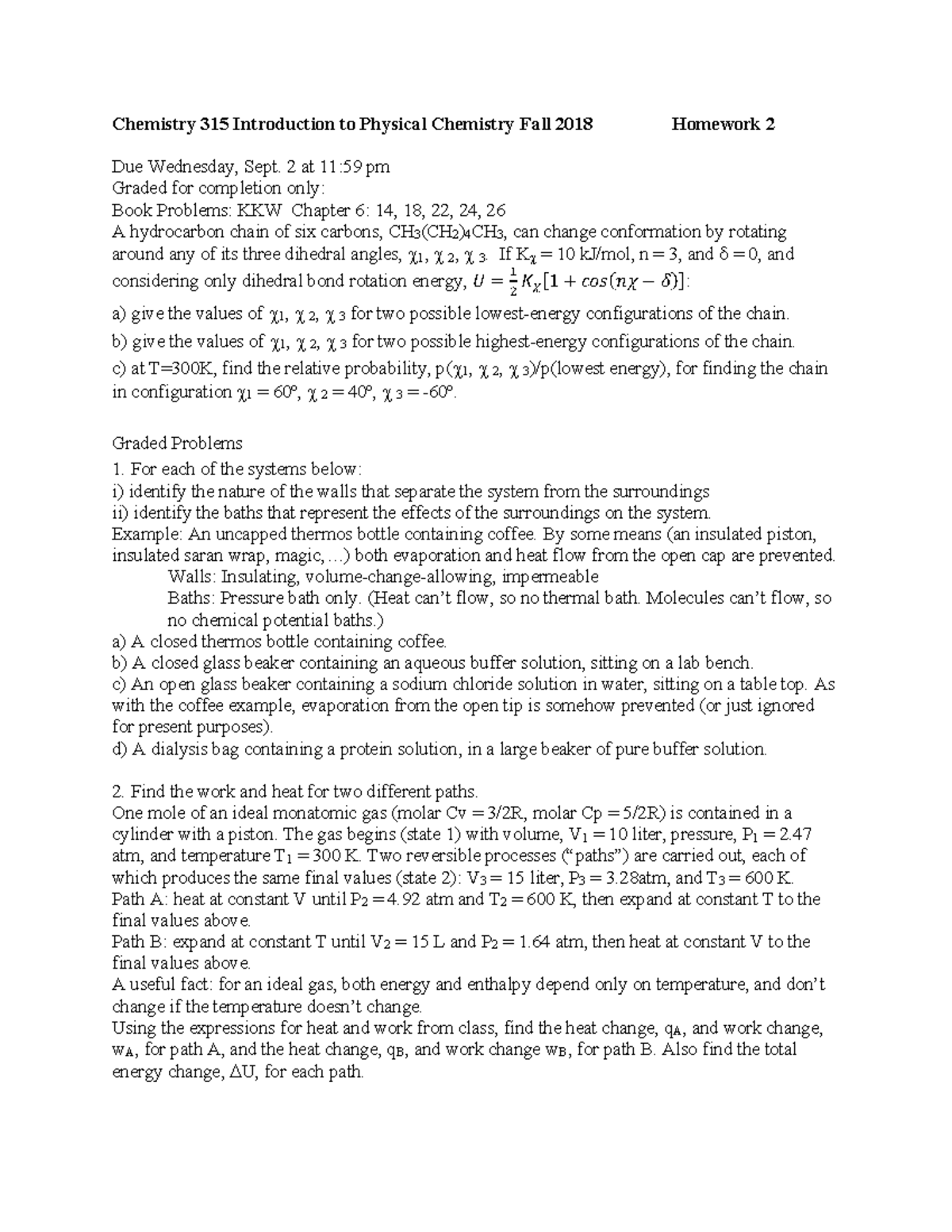 Homework 2 Fall 2019 - Chemistry 315 Introduction to Physical Chemistry ...