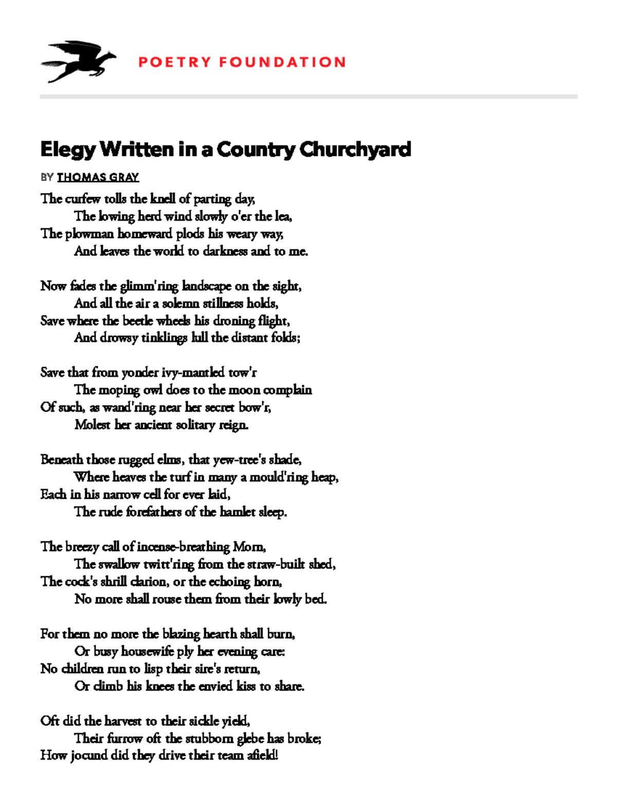 Elegy Written in a Country Churchyard by Thomas… Poetry Foundation ...