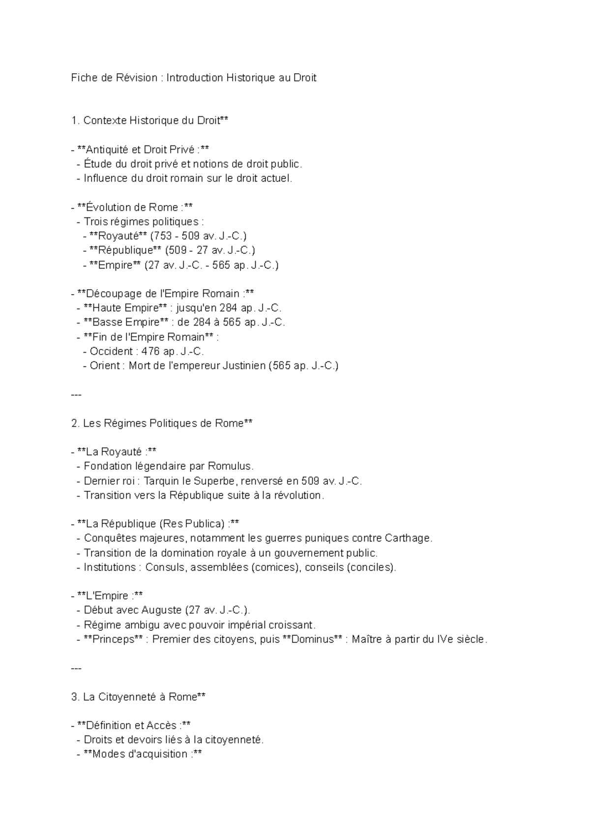 Fiche de Révision Introduction Historique au Droit - Fiche de Révision : Introduction Historique ...