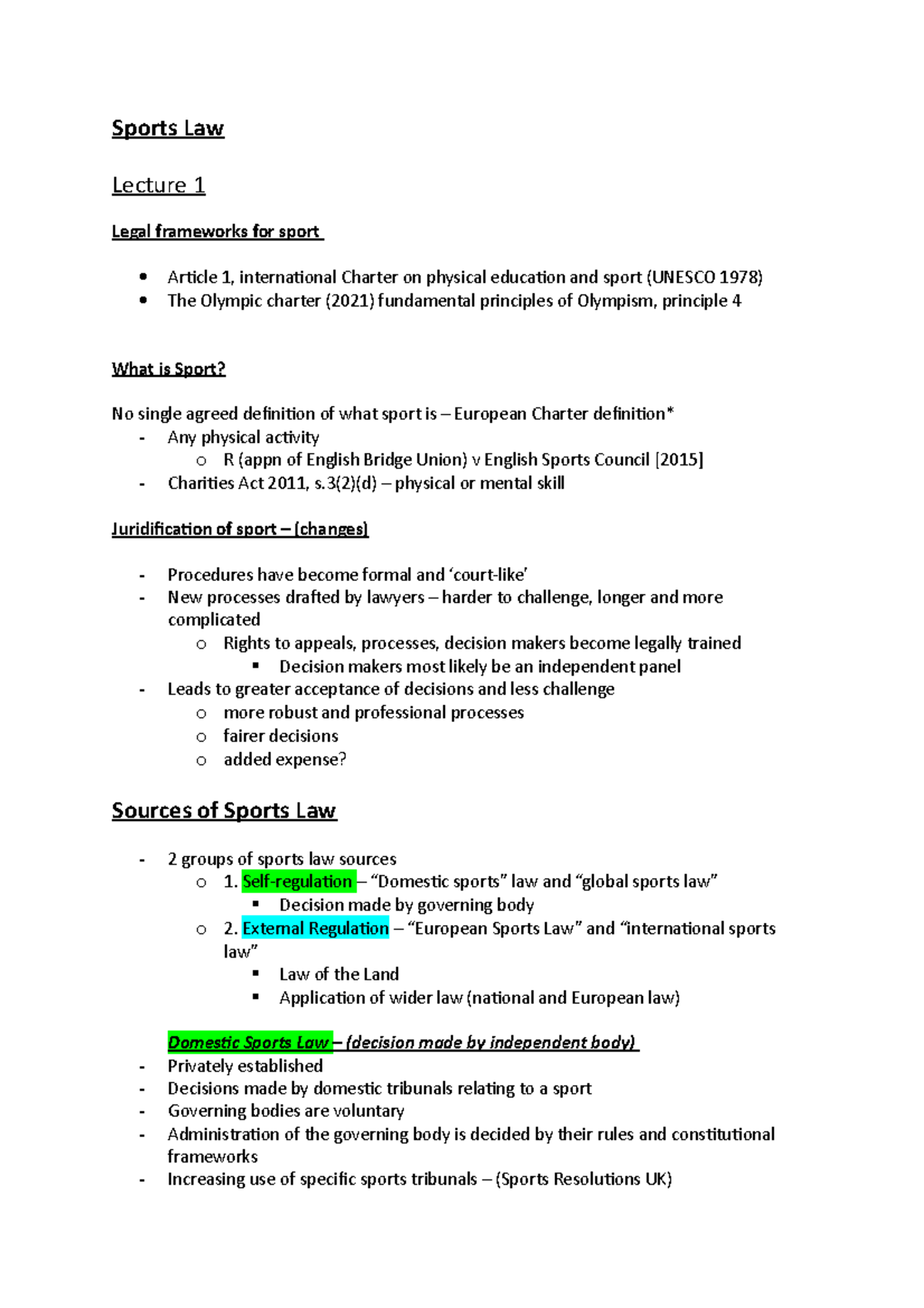 Sports Law lectures - lecture notes - Sports Law Lecture 1 Legal ...