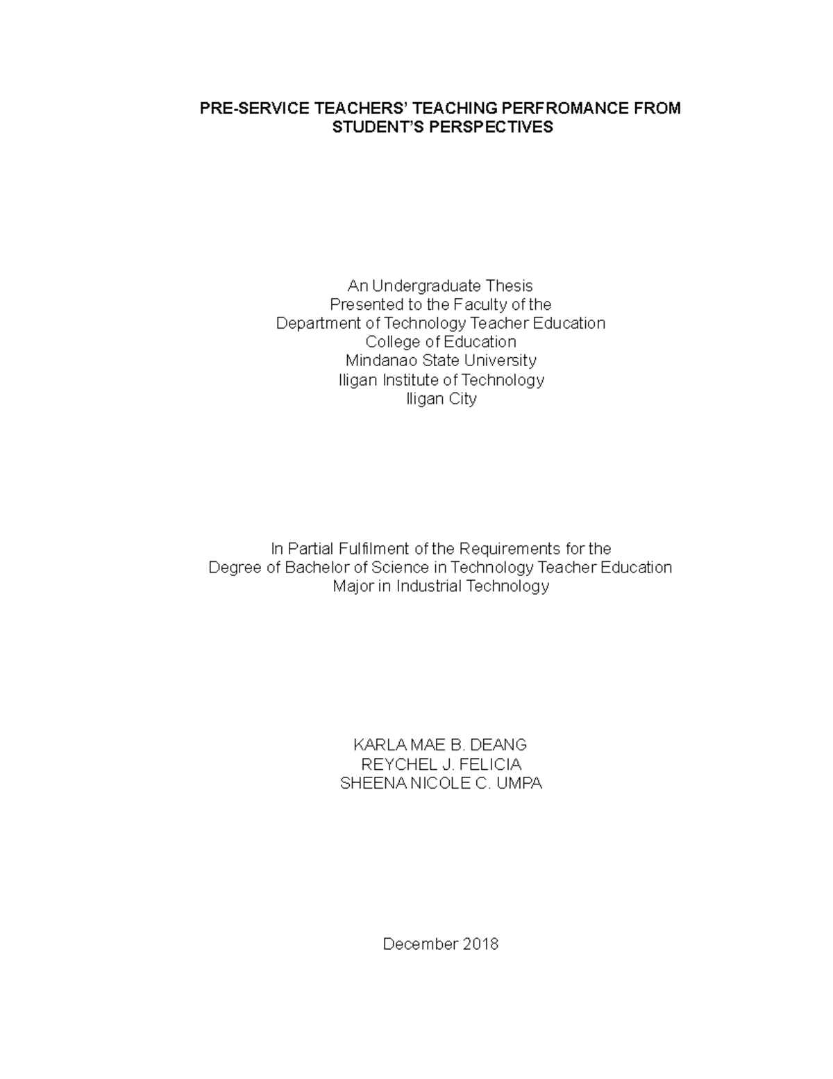 Felicia - Notes - PRE-SERVICE TEACHERS’ TEACHING PERFROMANCE FROM ...