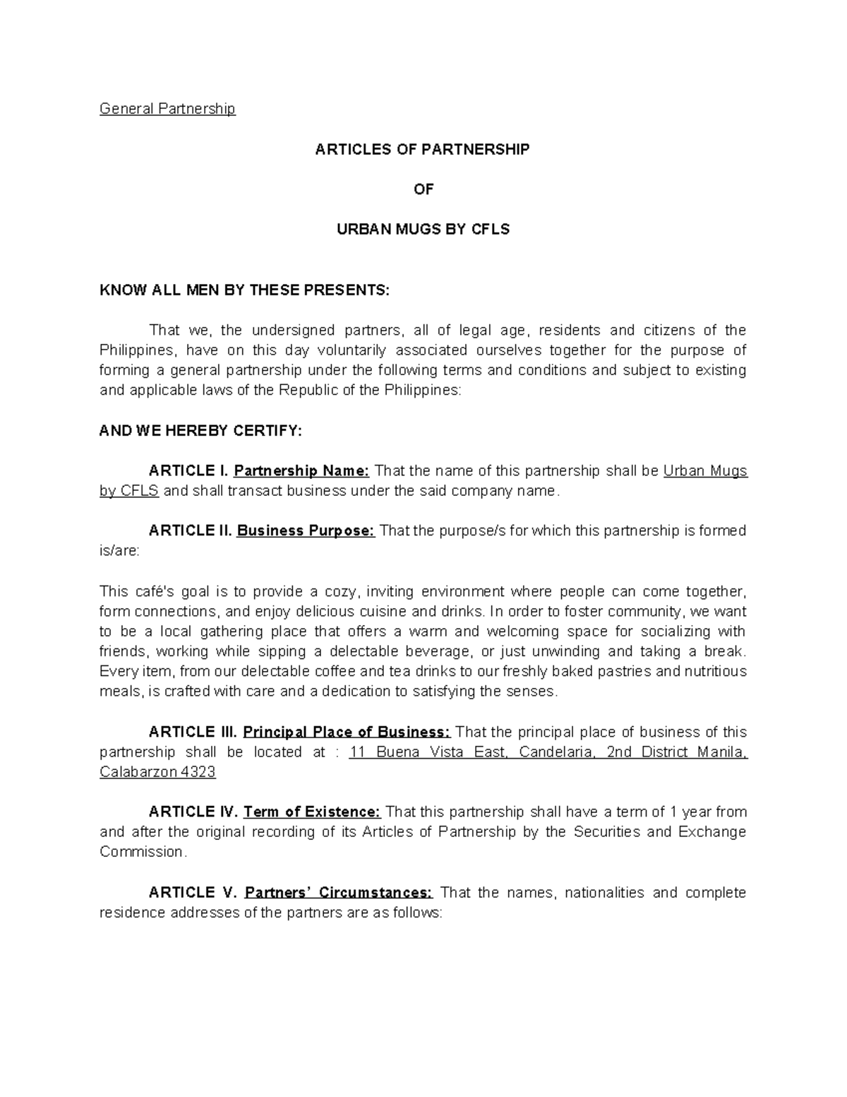 Articles of Partnership for general partnerships - General Partnership ...