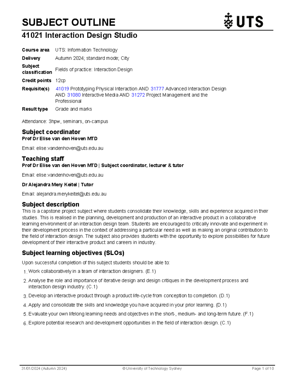 Interaction Design Studio Subject Outline - SUBJECT OUTLINE 41021 ...