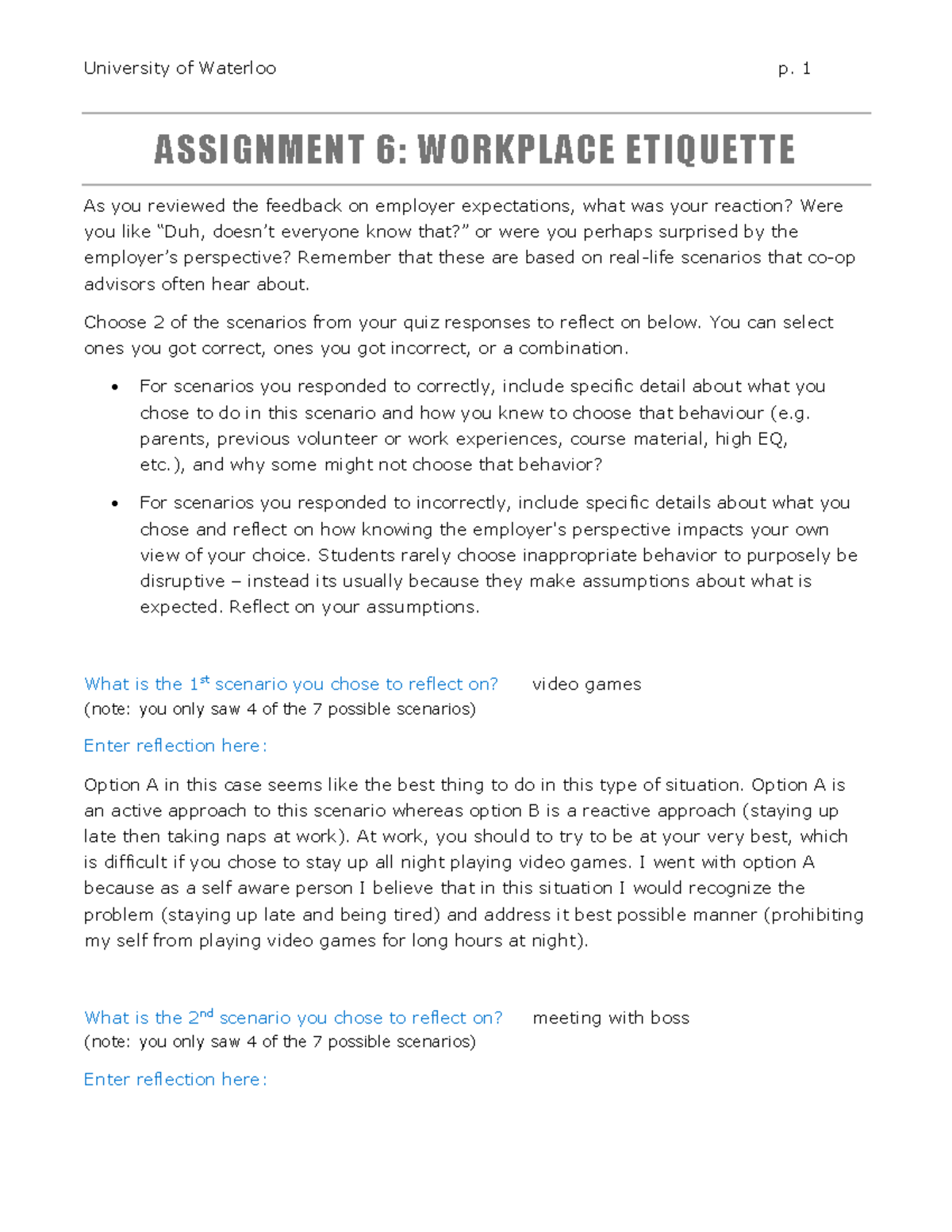 Etiquette pdf - job ettiquet - University of Waterloo p. 1 ASSIGNMENT 6 ...