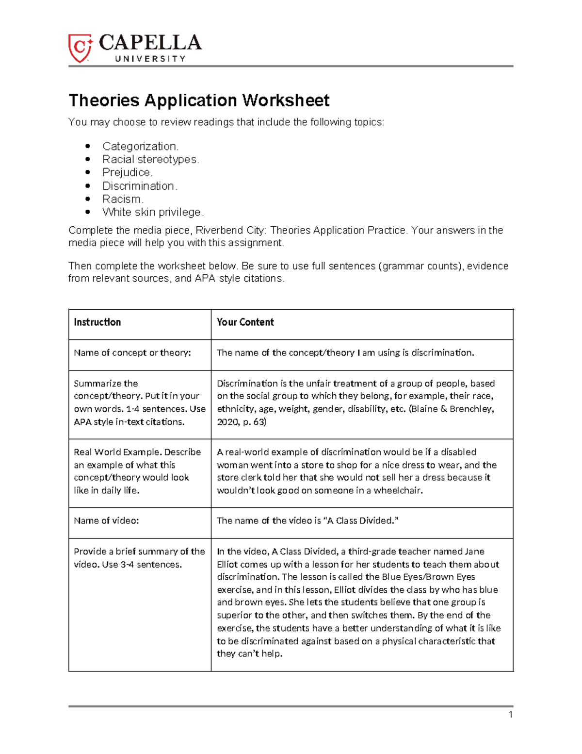 Cf theories application worksheet - Theories Application Worksheet You may choose to review ...