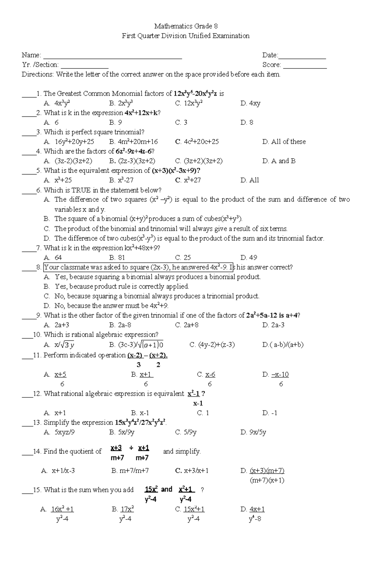 TQ-Math 8 1st quarter - math - Mathematics Grade 8 First Quarter Division Unified Examination ...
