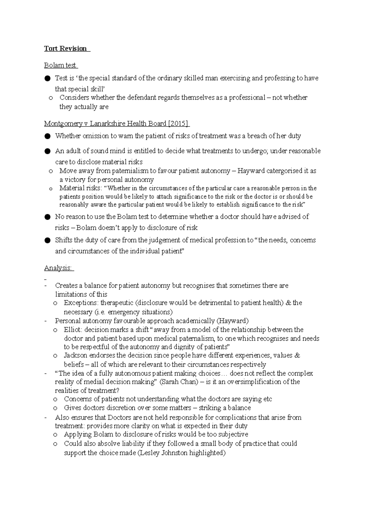 Tort theory - Bolam Test - Tort Revision Bolam test Test is ‘the ...