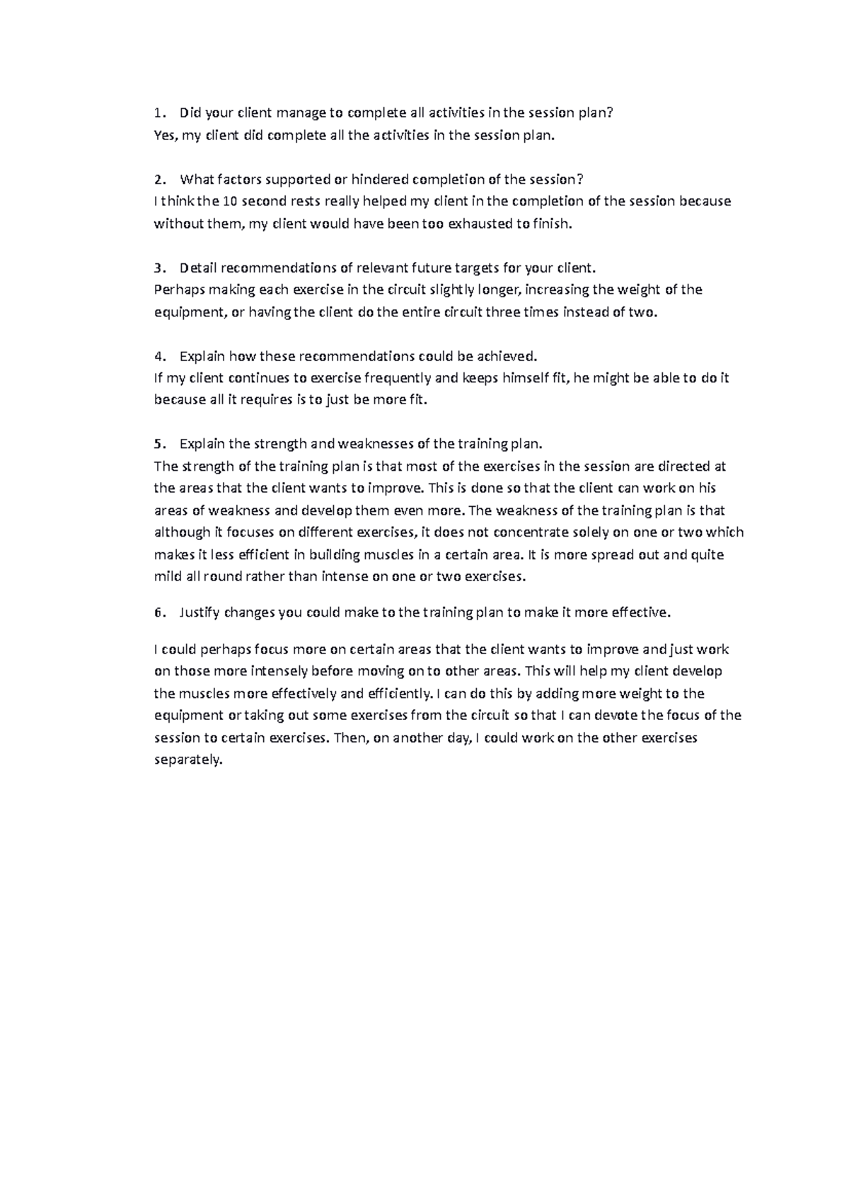 Fitness Plan Reflection - Did your client manage to complete all ...