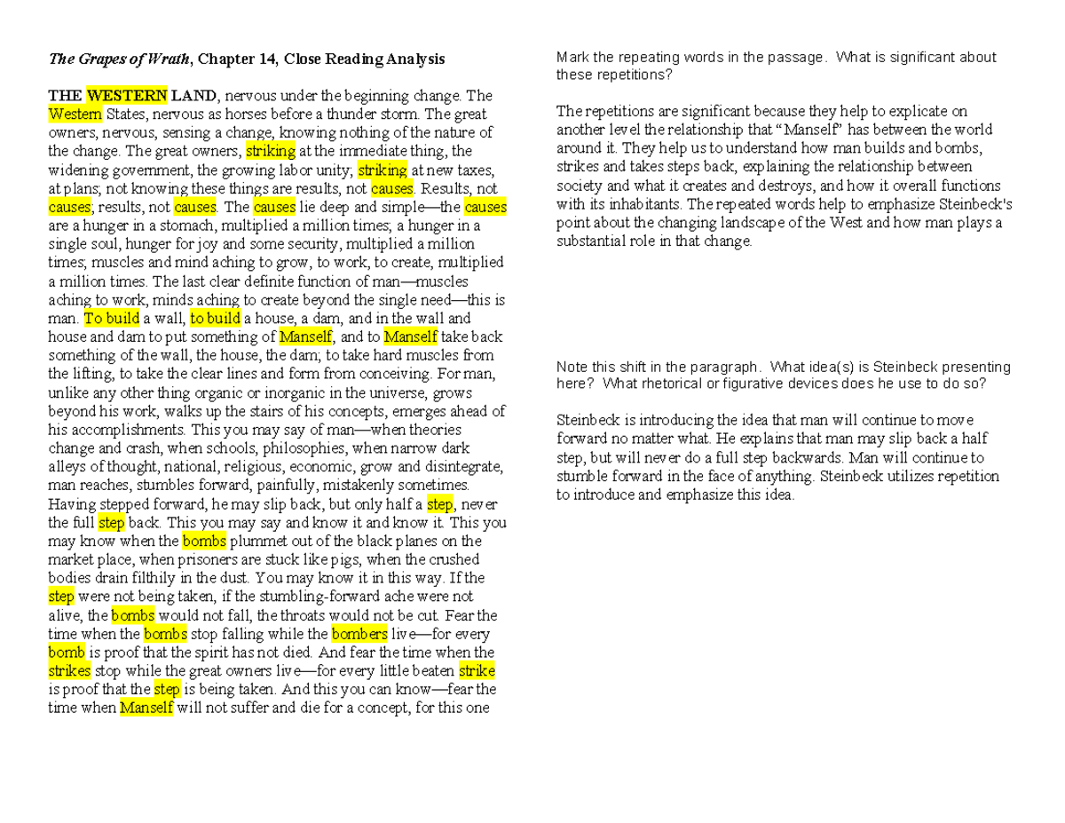 Copy of gow chapter 14 close reading new - The Grapes of Wrath, Chapter ...