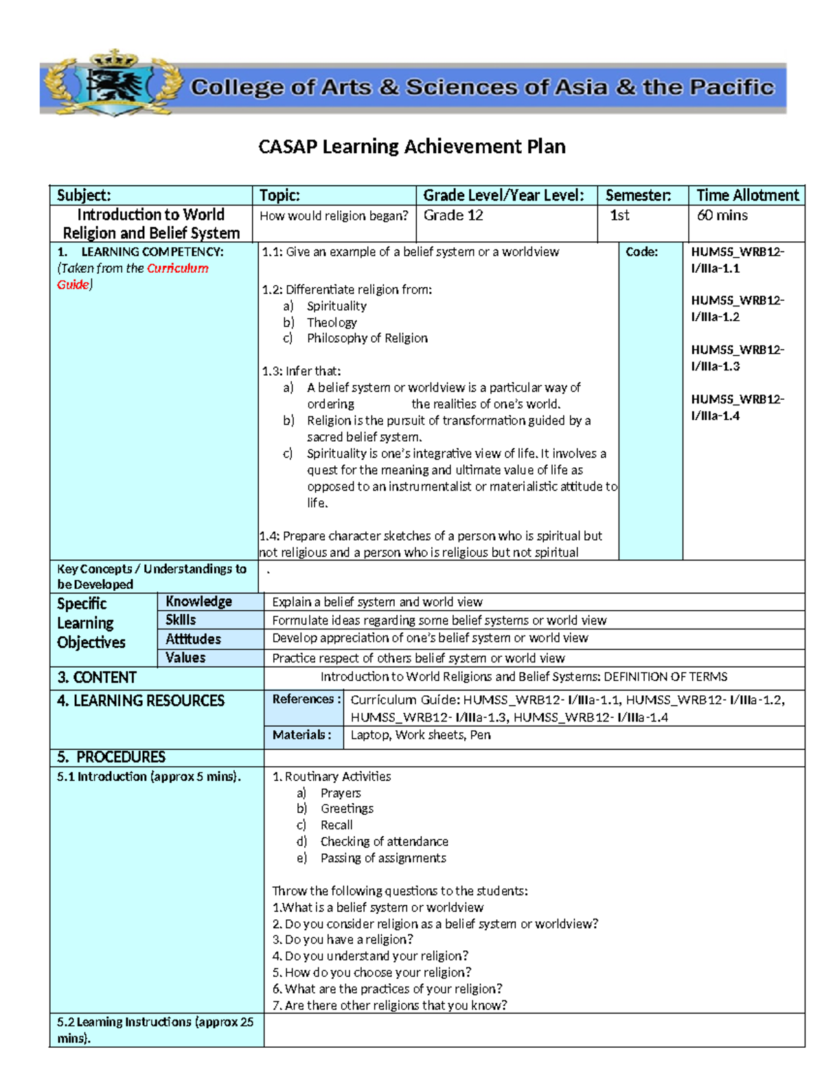CLAP-template - awdawd - CASAP Learning Achievement Plan Subject: Topic ...