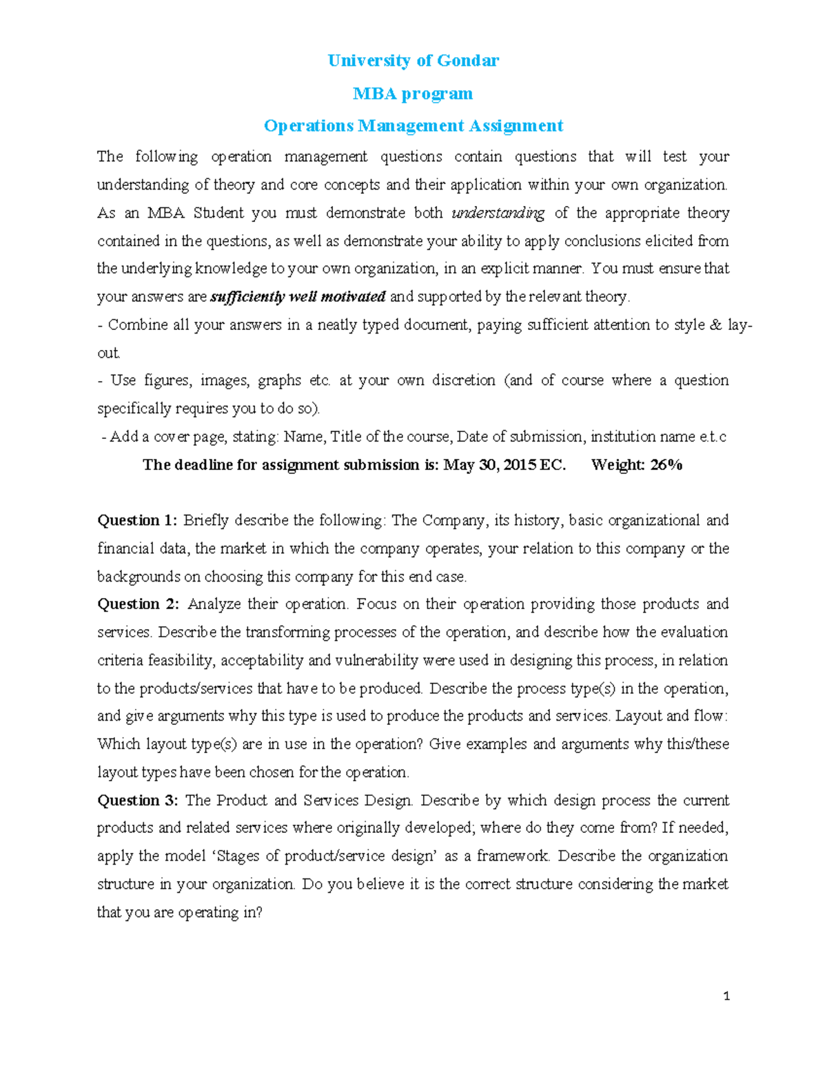 OM Assignment for MBA 2015 - University of Gondar MBA program ...