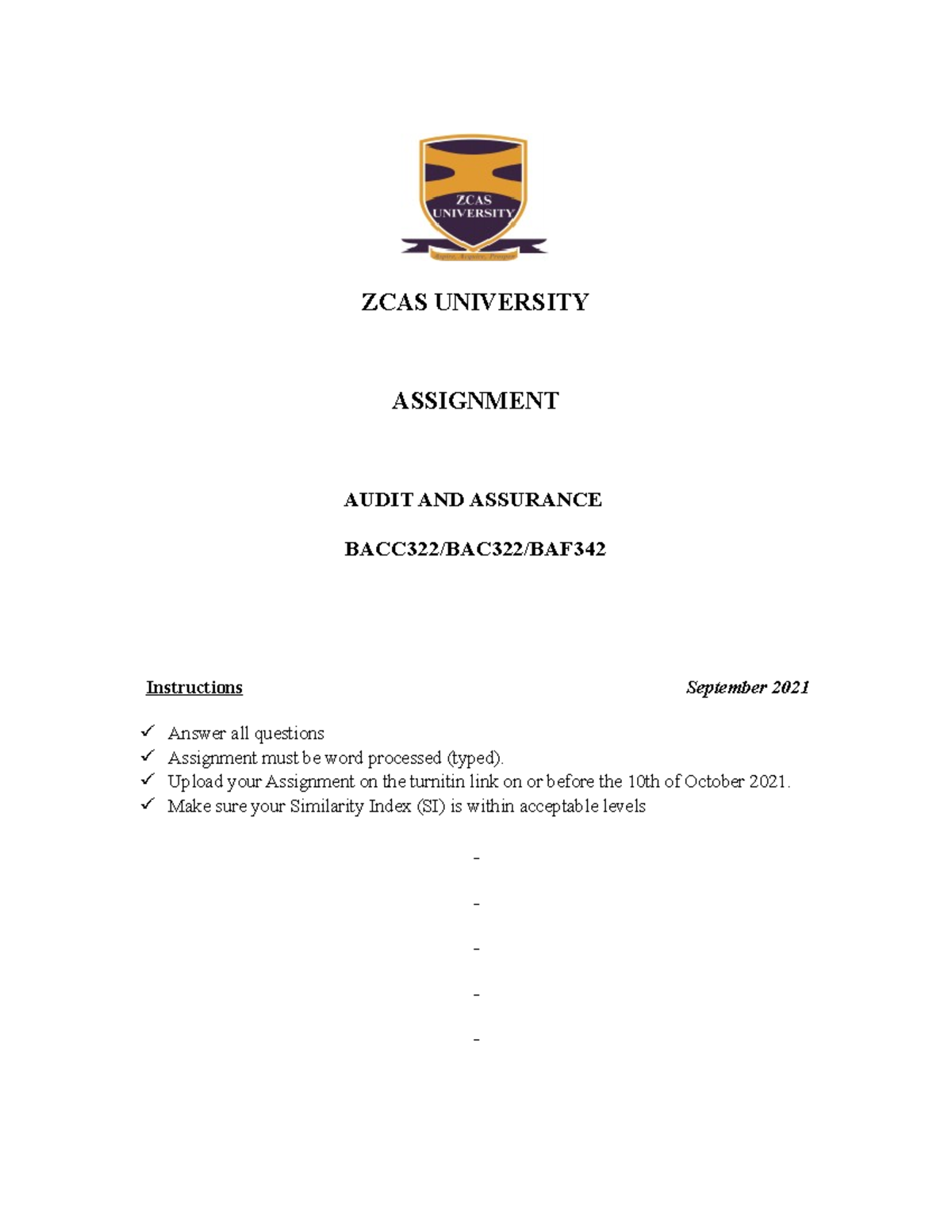 Audit Assignment - ZCAS UNIVERSITY ASSIGNMENT AUDIT AND ASSURANCE ...