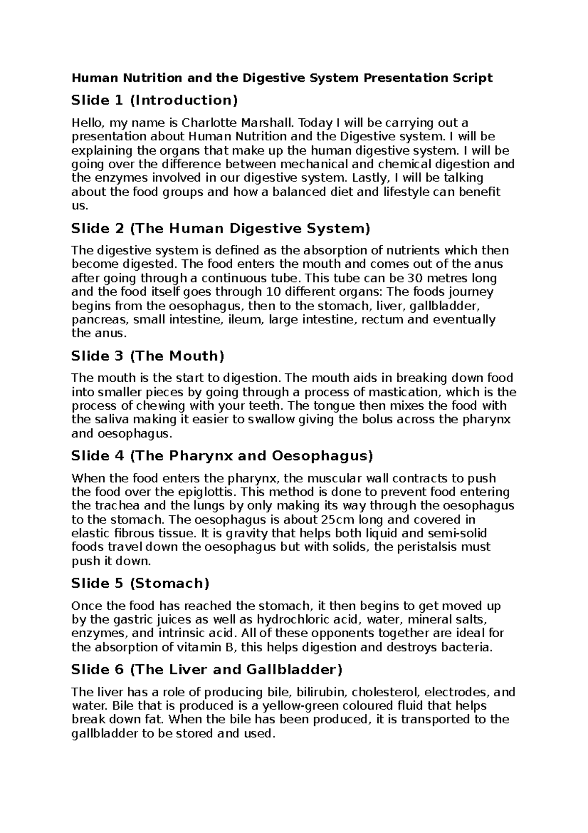 Human Nutrition and the Digestive System Presentation Script - Today I ...
