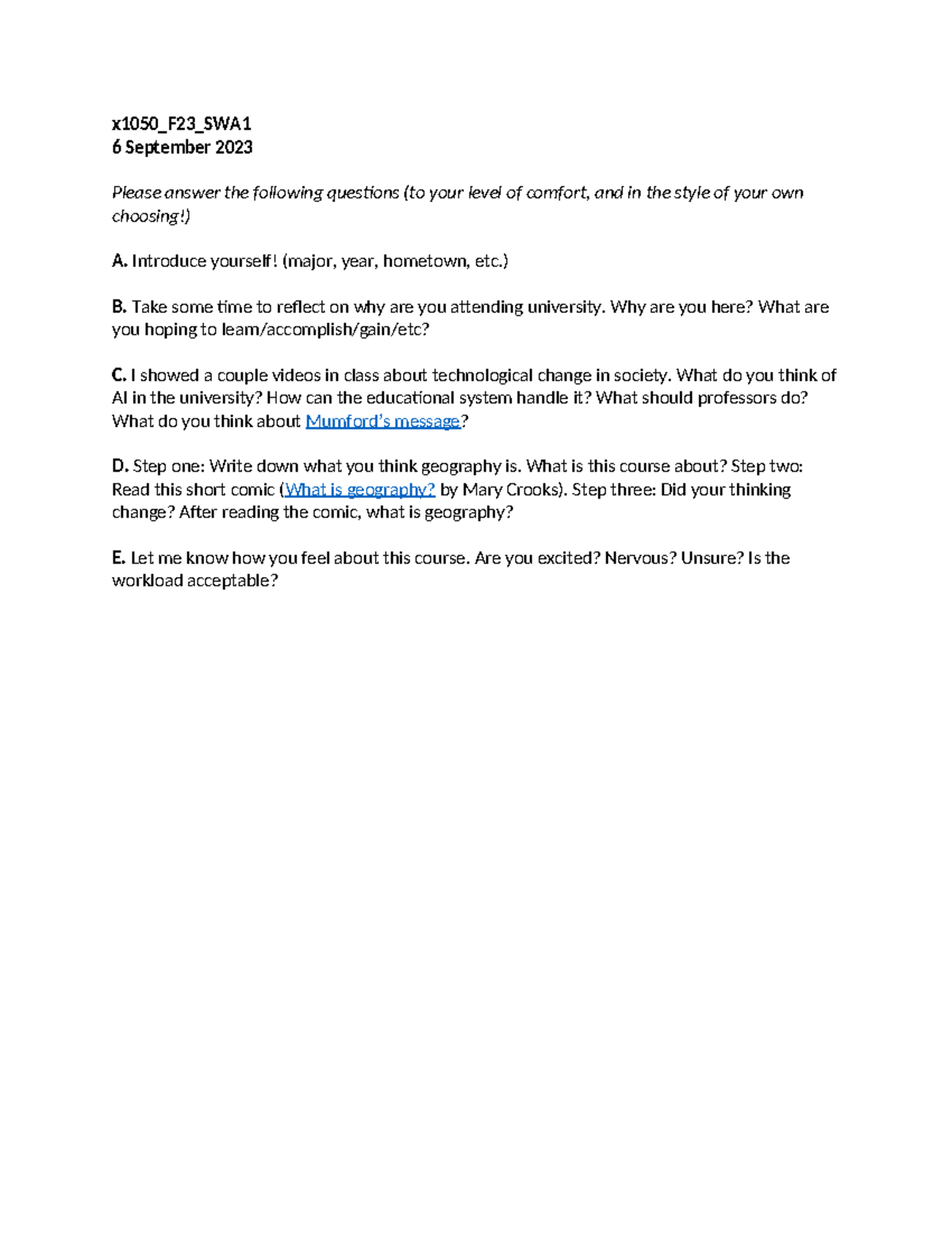 X1050 F23 SWA1 - Assignment - x1050_F23_SWA 6 September 2023 Please answer the following ...