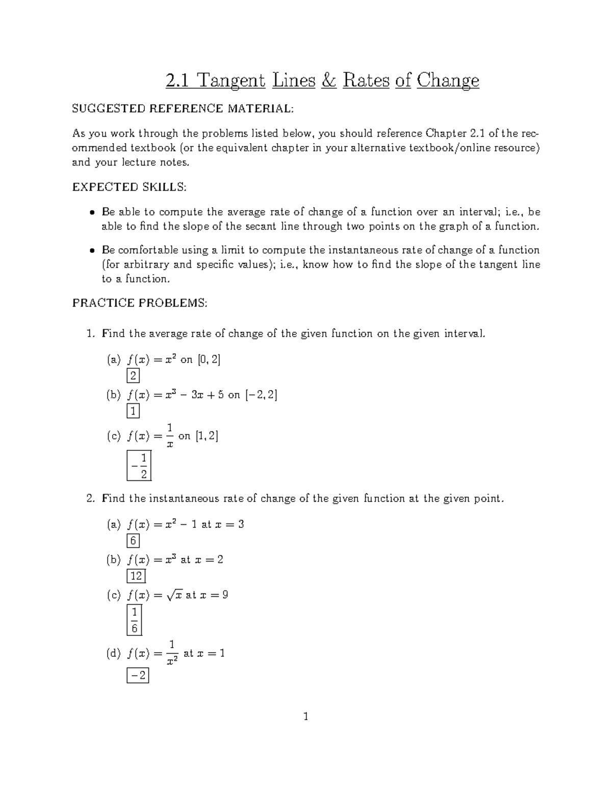 Chapter 2 Practice Problem's Answers - 2 Tangent Lines & Rates of ...