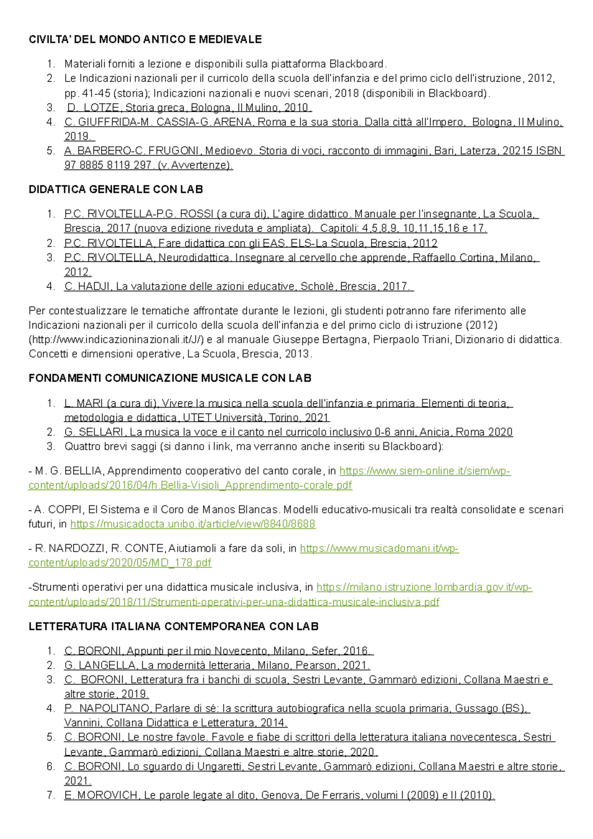 Lista libri 2 anno - Scienze della Formazione Primaria - UniCatt - Studocu