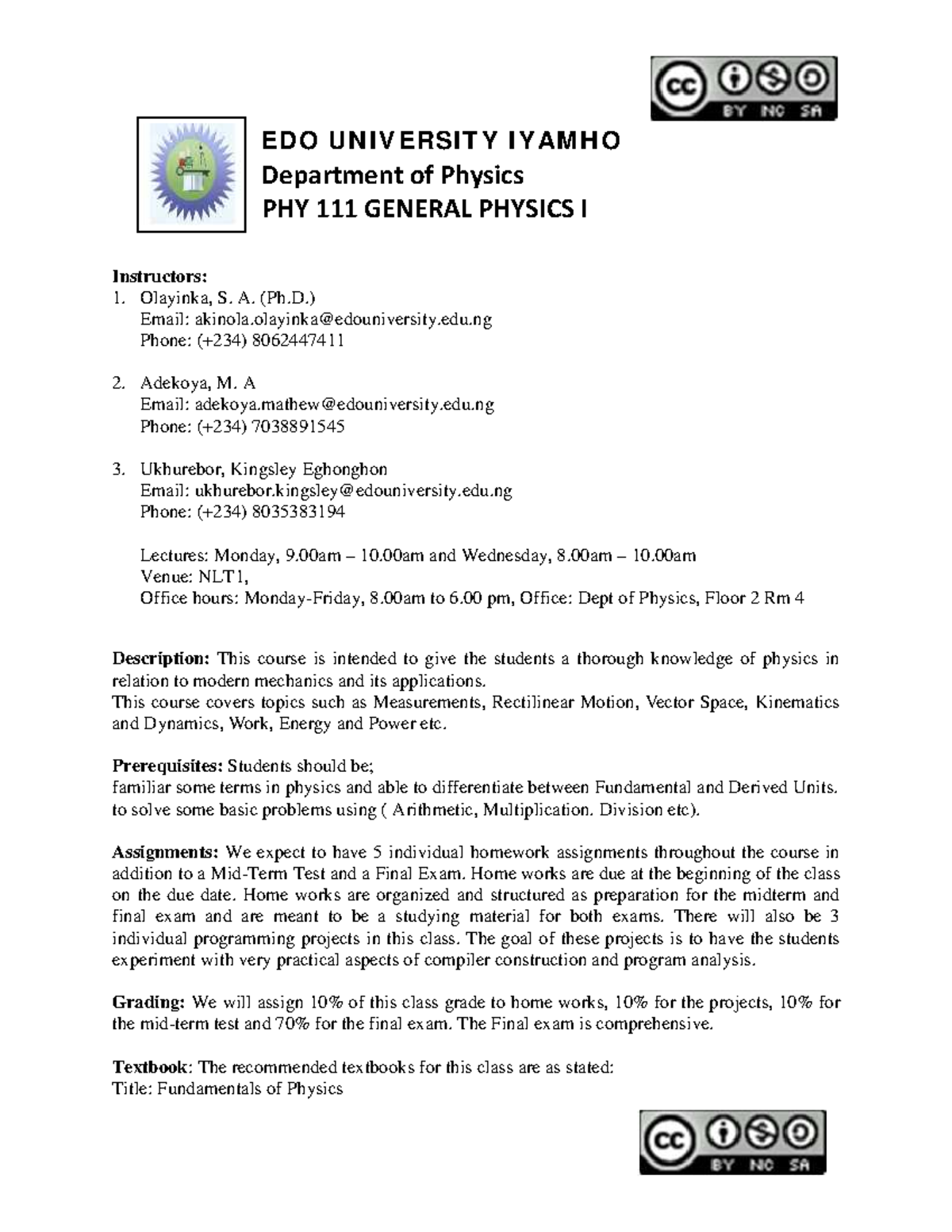 General physics i note - EDO U N I V ERSI T Y I Y AM H O Department of ...