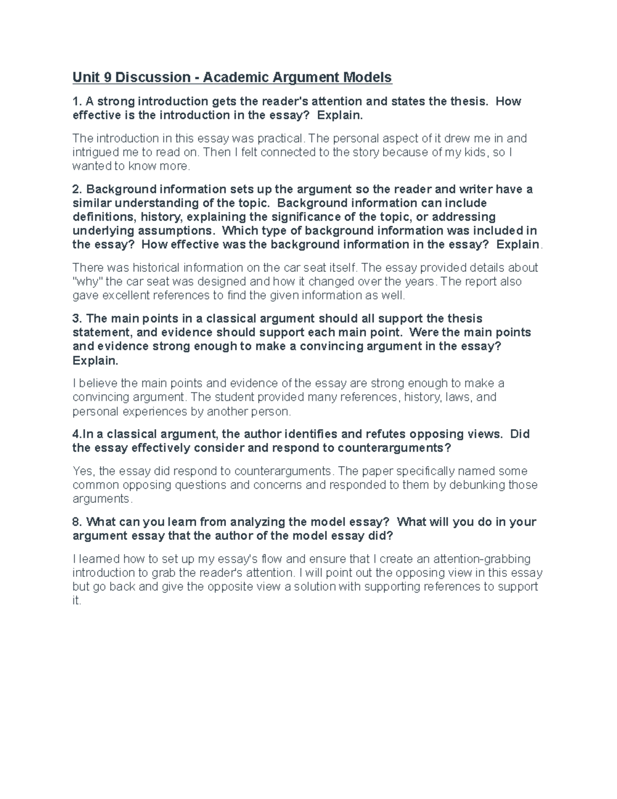 Unit 9 Discussion - Academic Argument Models - How effective is the introduction in the essay ...