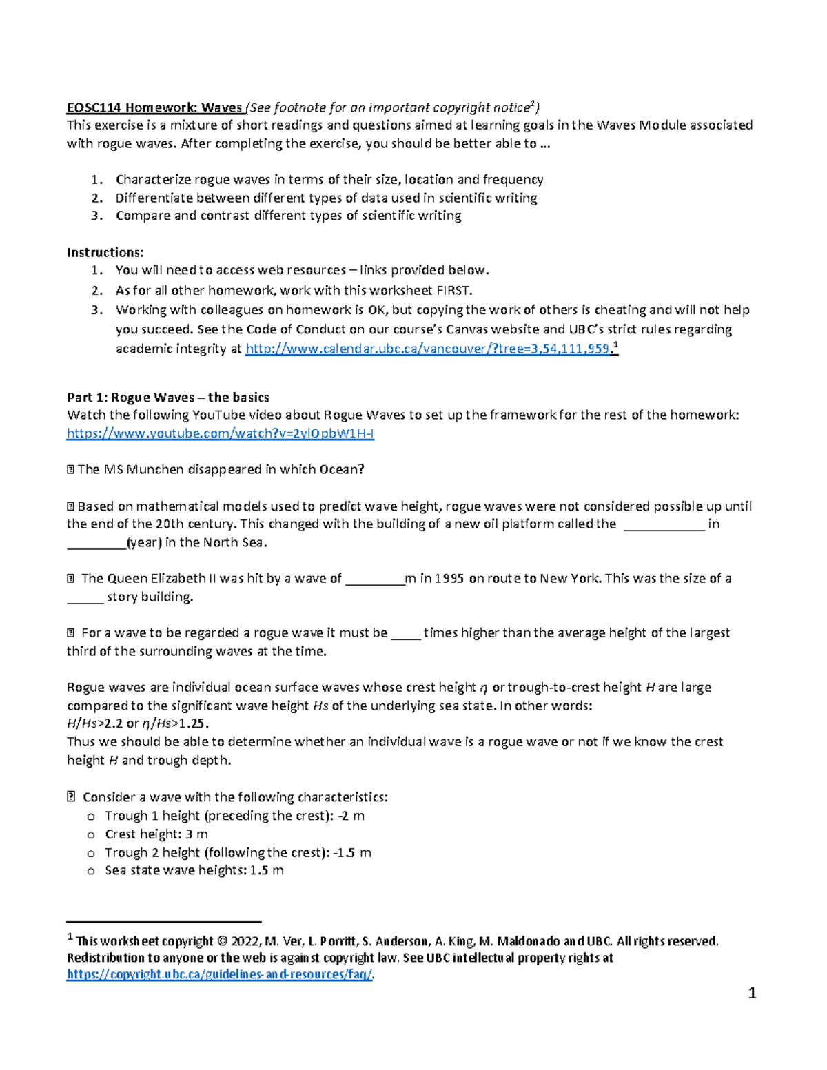 NEWAwa-wksht-stu - waves reading assignment - EOSC114 Homework: Waves ...