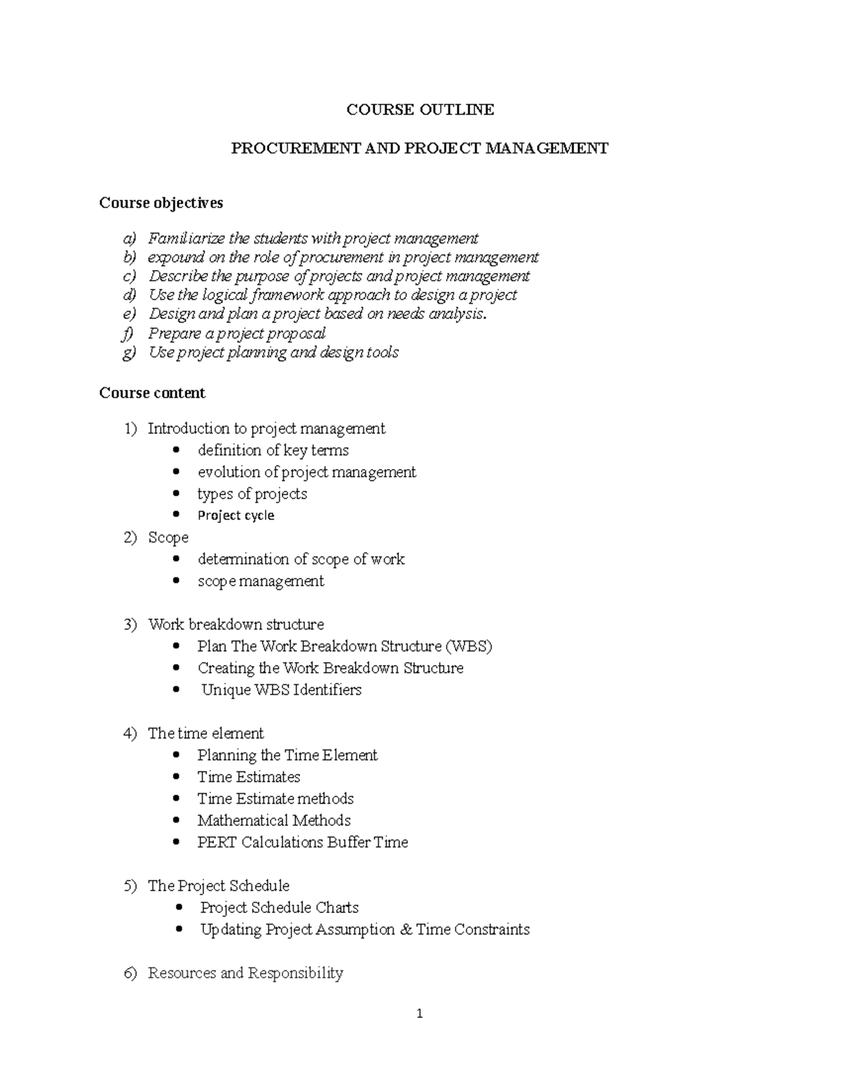 Course Outline-Procurement and project management - COURSE OUTLINE ...