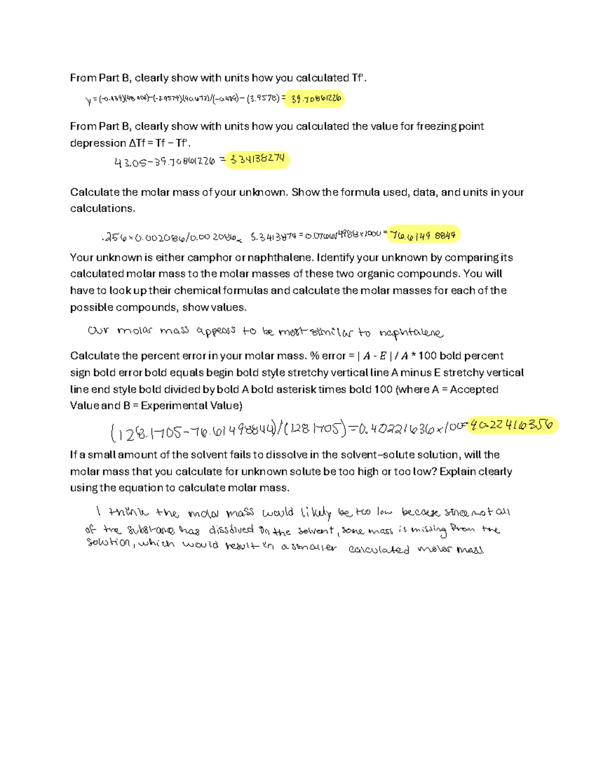 post-lab questions - From Part B, clearly show with units how you calculated Tf′. From Part B ...