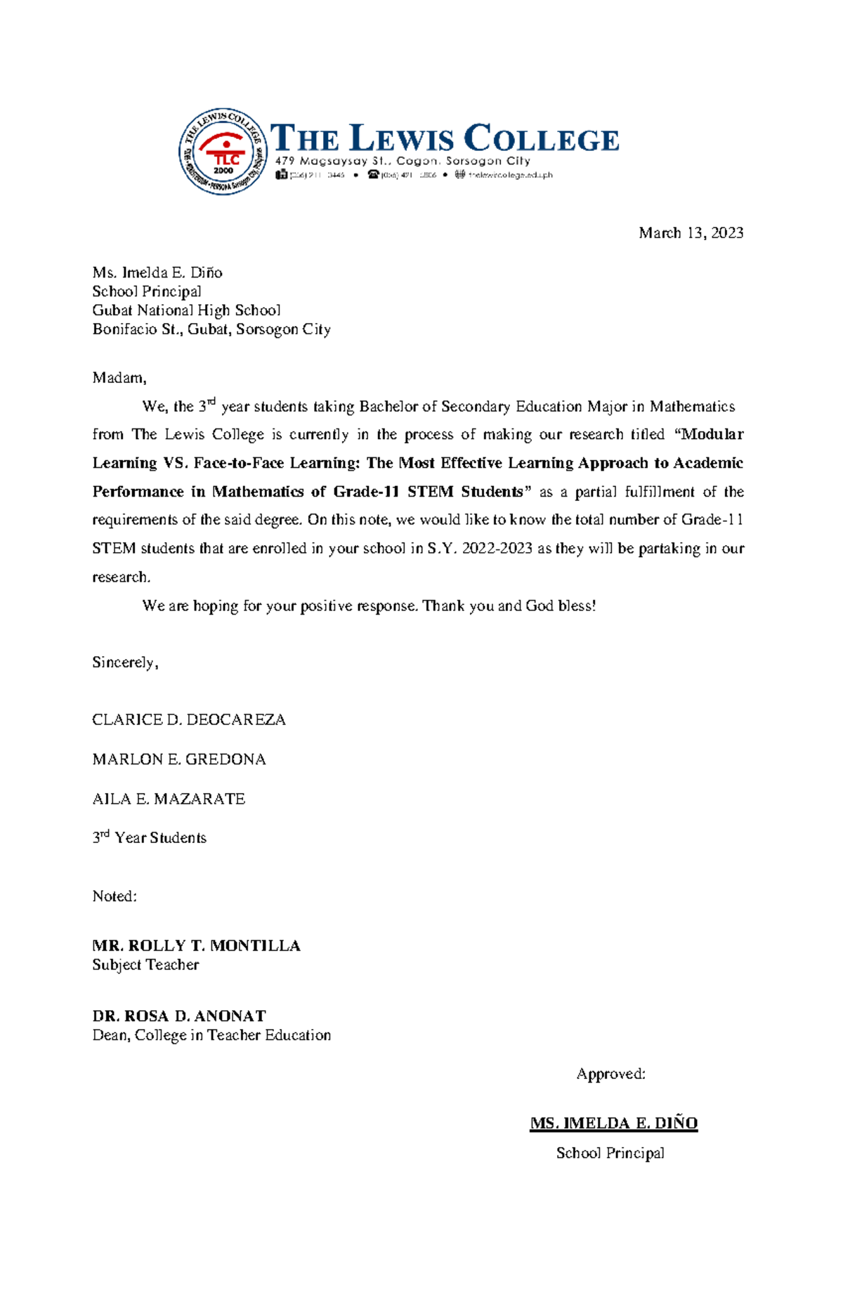Research-Letter-GNHS - Copy - March 13, 2023 Ms. Imelda E. Diño School ...
