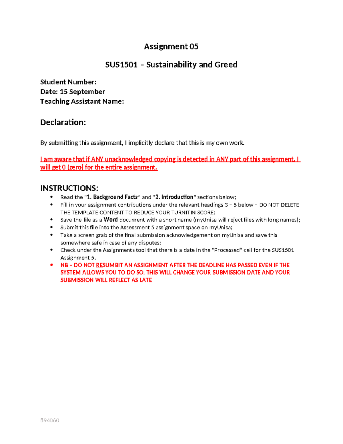 Thando - Assignment 5 - Assignment 05 SUS1501 – Sustainability and ...