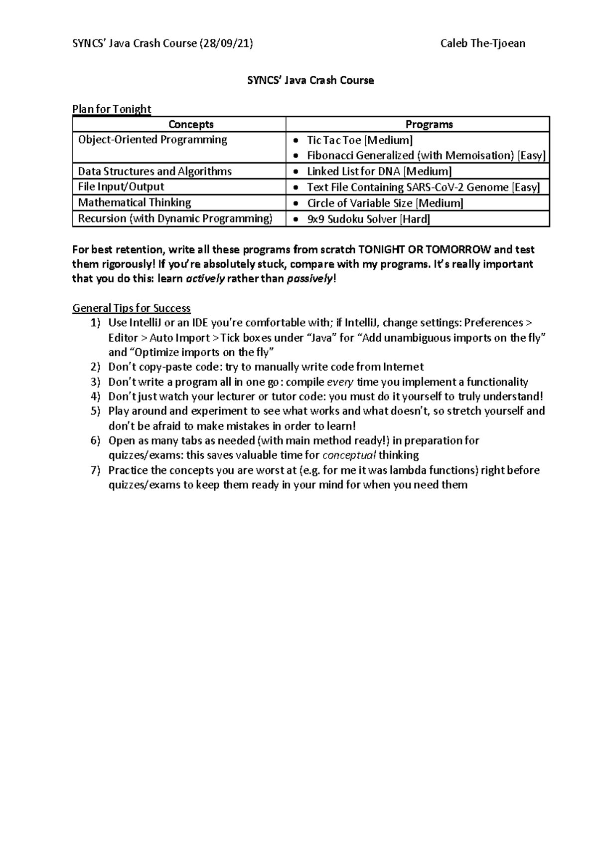 Java Crash Course Cheat Sheet Syncs Java Crash Course Plan For Tonight Concepts Programs
