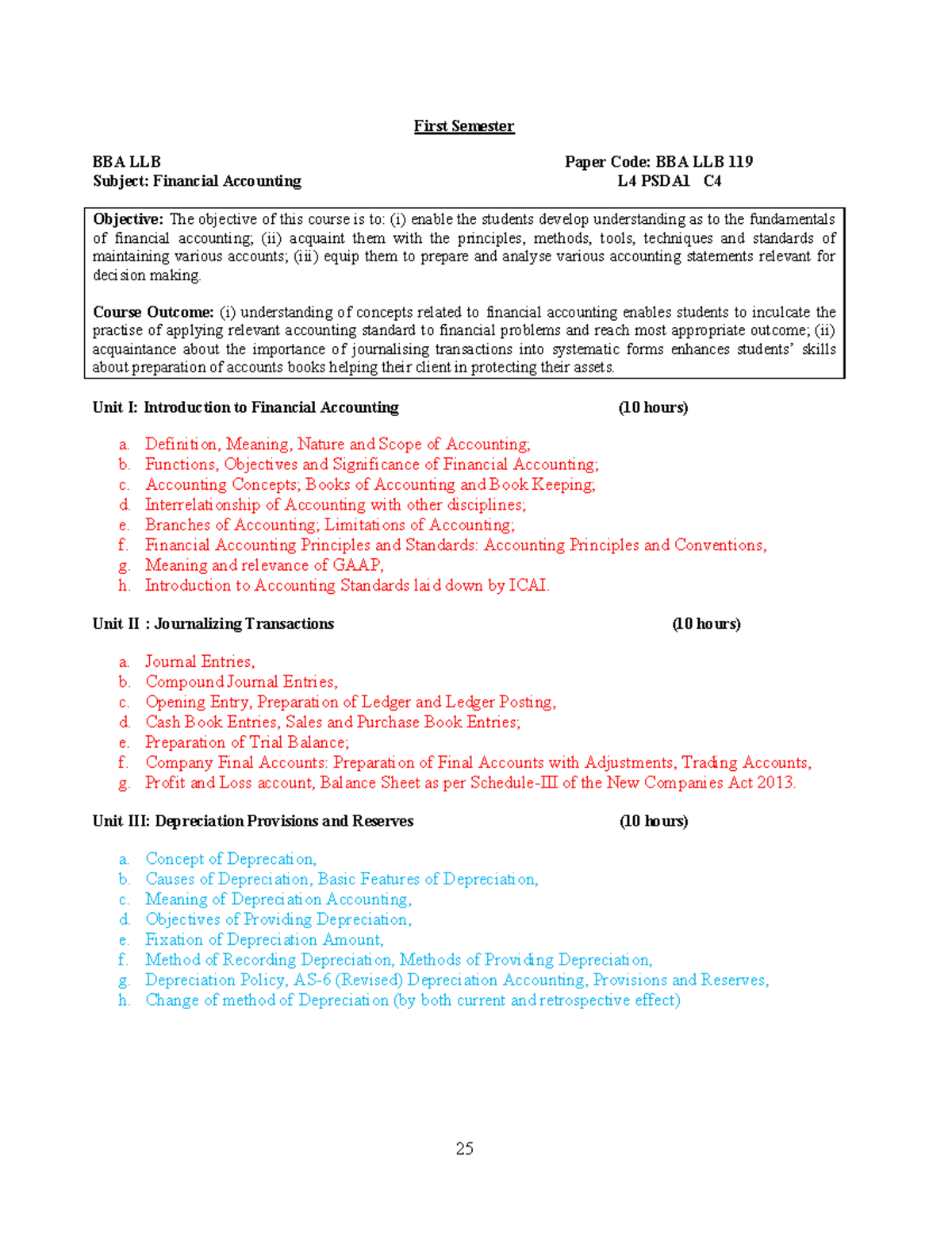 Financial Accounting Syllabus - 25 First Semester BBA LLB Paper Code ...