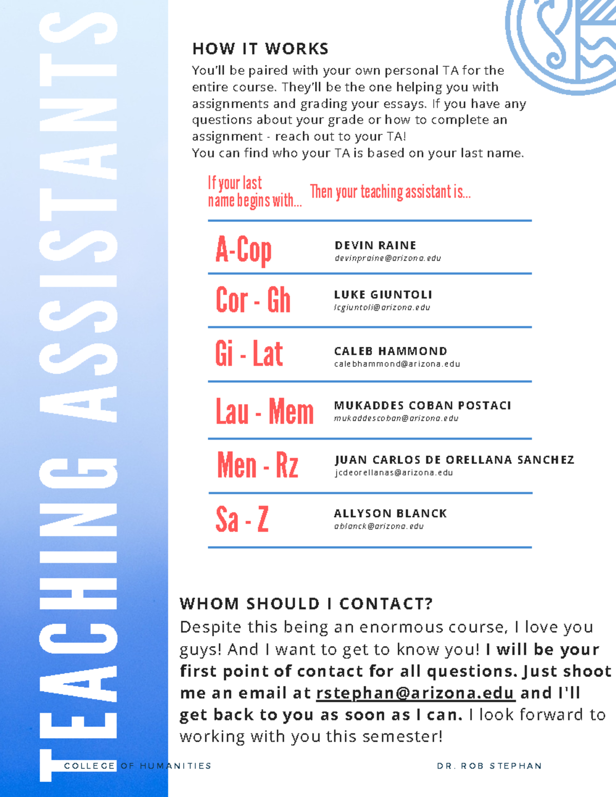 TA List - CLAS160B1 - TA info - TEACHING ASSISTANTS ####### C O L L E G ...