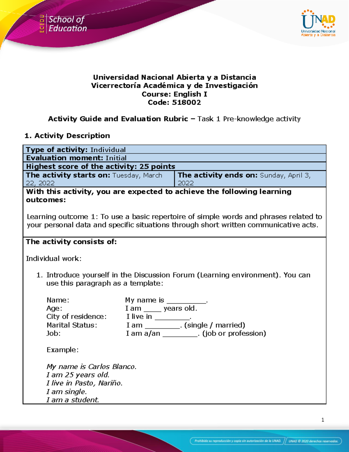 Activity Guide Unit 1 - Task 1 - Pre-knowledge activity - Universidad ...