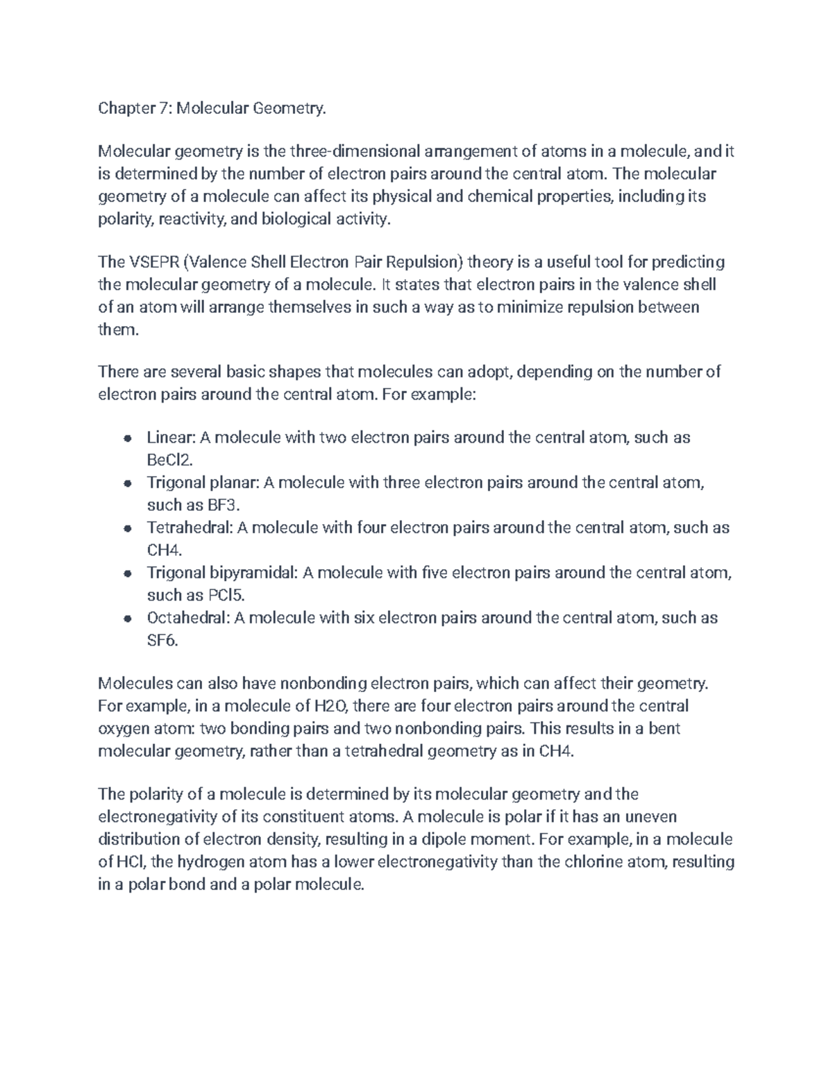 Chem 7 - Chemistry chapter 7 notes - Chapter 7: Molecular Geometry ...