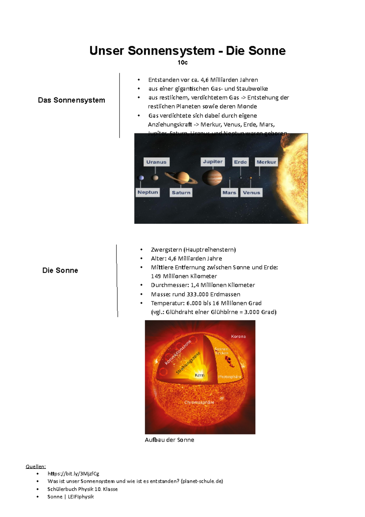 Handout-Sonnensystem und Sonne - Unser Sonnensystem - Die Sonne 10c ...