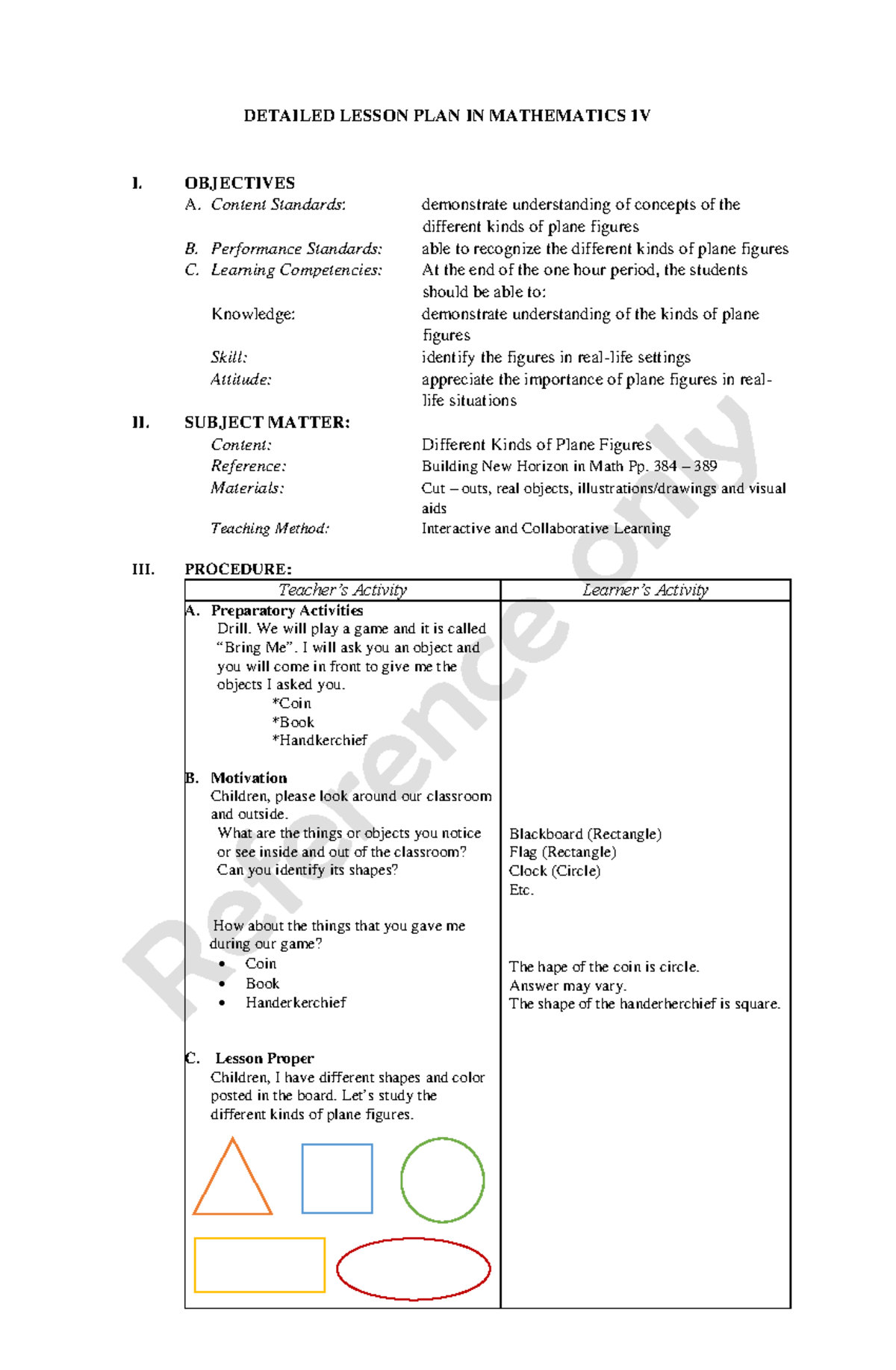 Sample Detailed Lessom PLAN - DETAILED LESSON PLAN IN MATHEMATICS 1V I ...