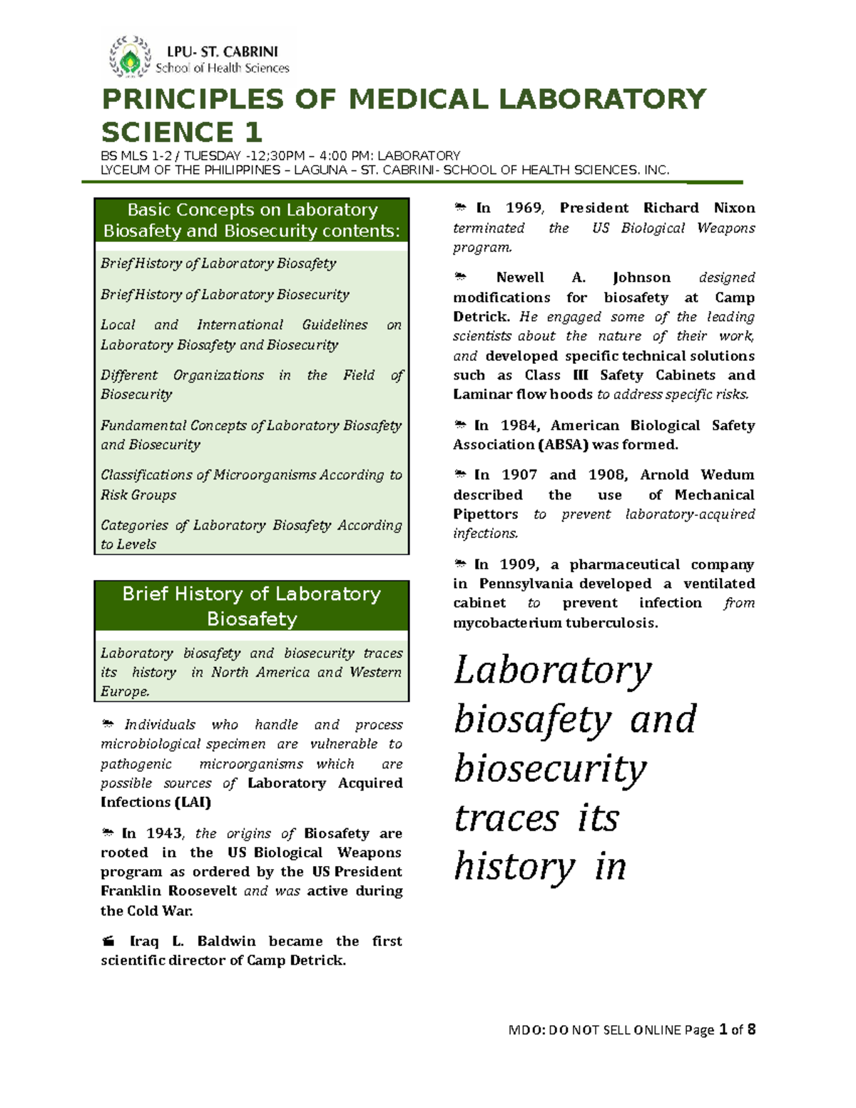 PMLS Reviewer Midterm - Basic Concepts on Laboratory Biosafety and ...