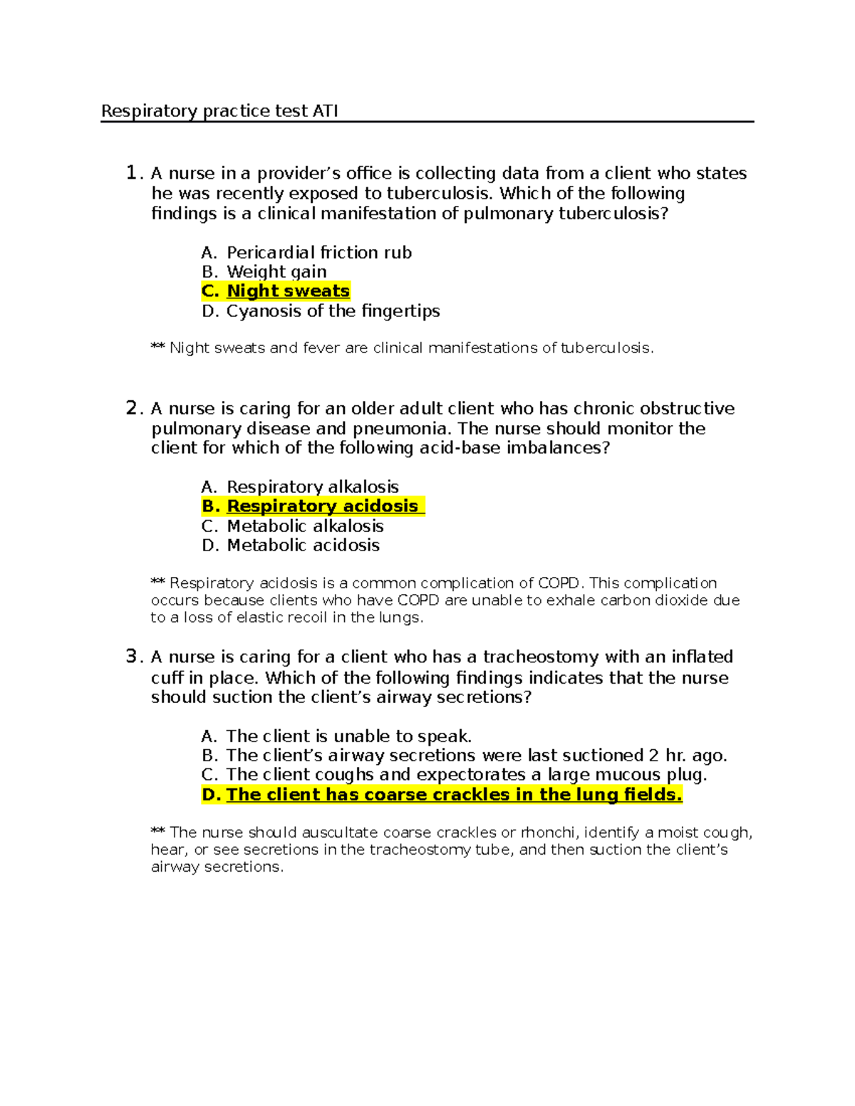 ATI Respiratory practice test - Respiratory practice test ATI 1 nurse ...