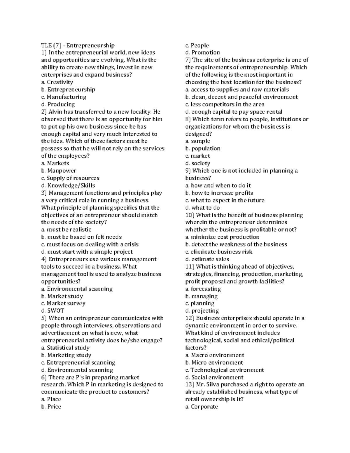 Basic Entrepreneurship PT - TLE (7) - Entrepreneurship 1) In the ...