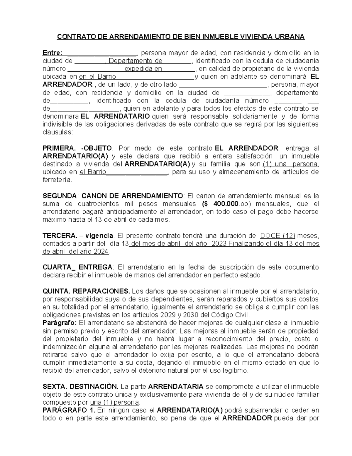 Contrato DE Arrendamiento DE BIEN Inmueble Vivienda Urbana - 2023 - CONTRATO DE ARRENDAMIENTO DE ...